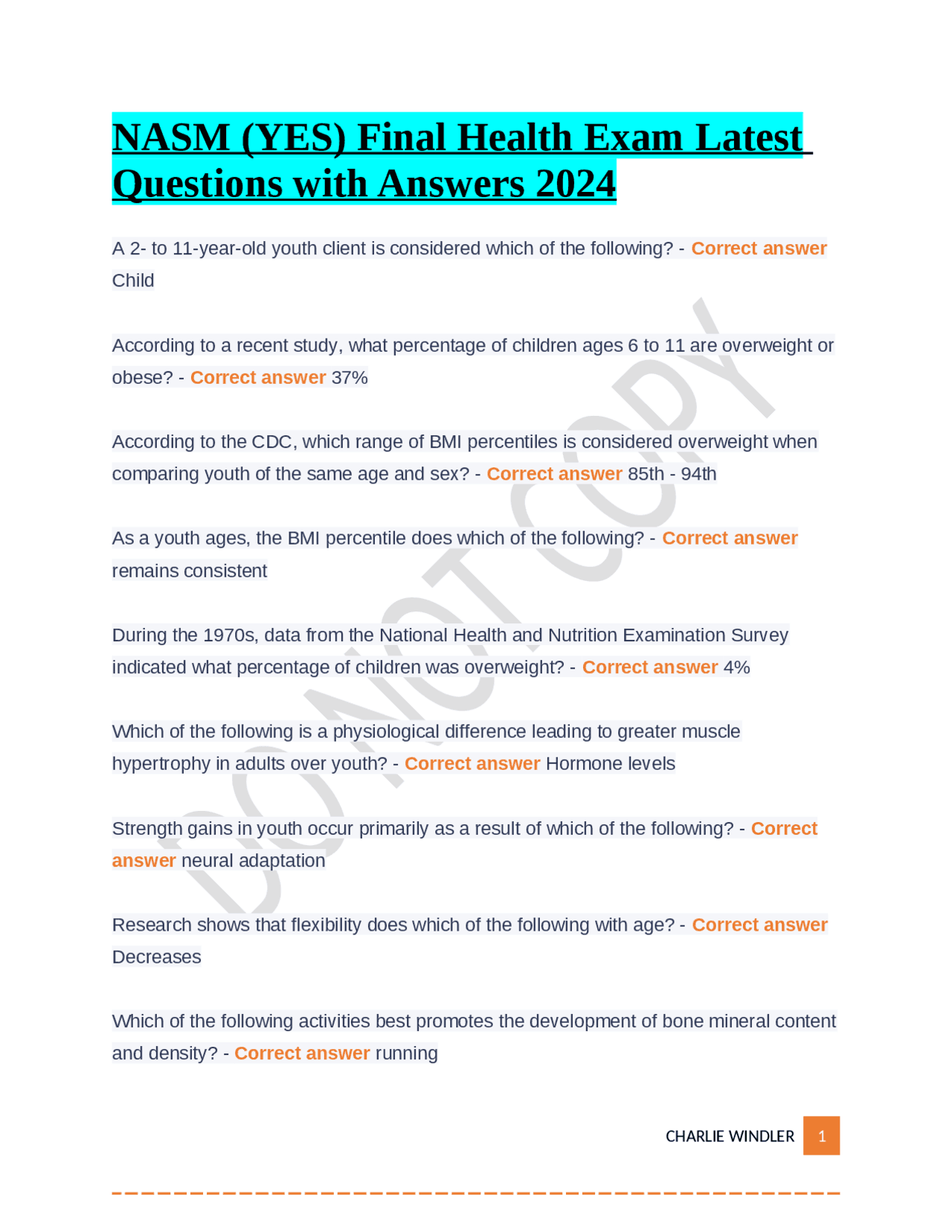 NASM Youth Fitness Exam Questions and Answers 2024 | Exams Health ...