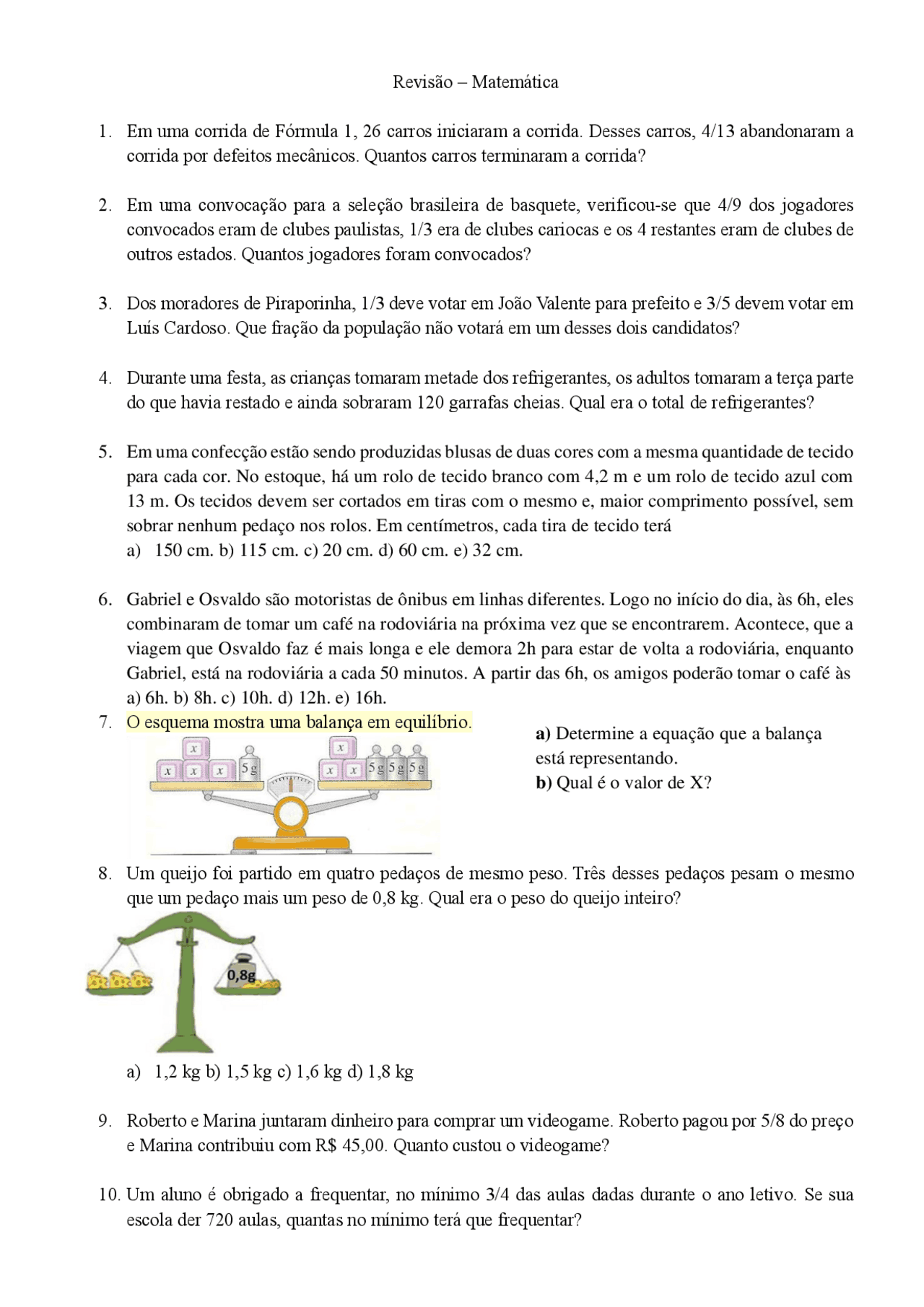 Atividade de matemática 7 ano | Exercícios Matemática | Docsity
