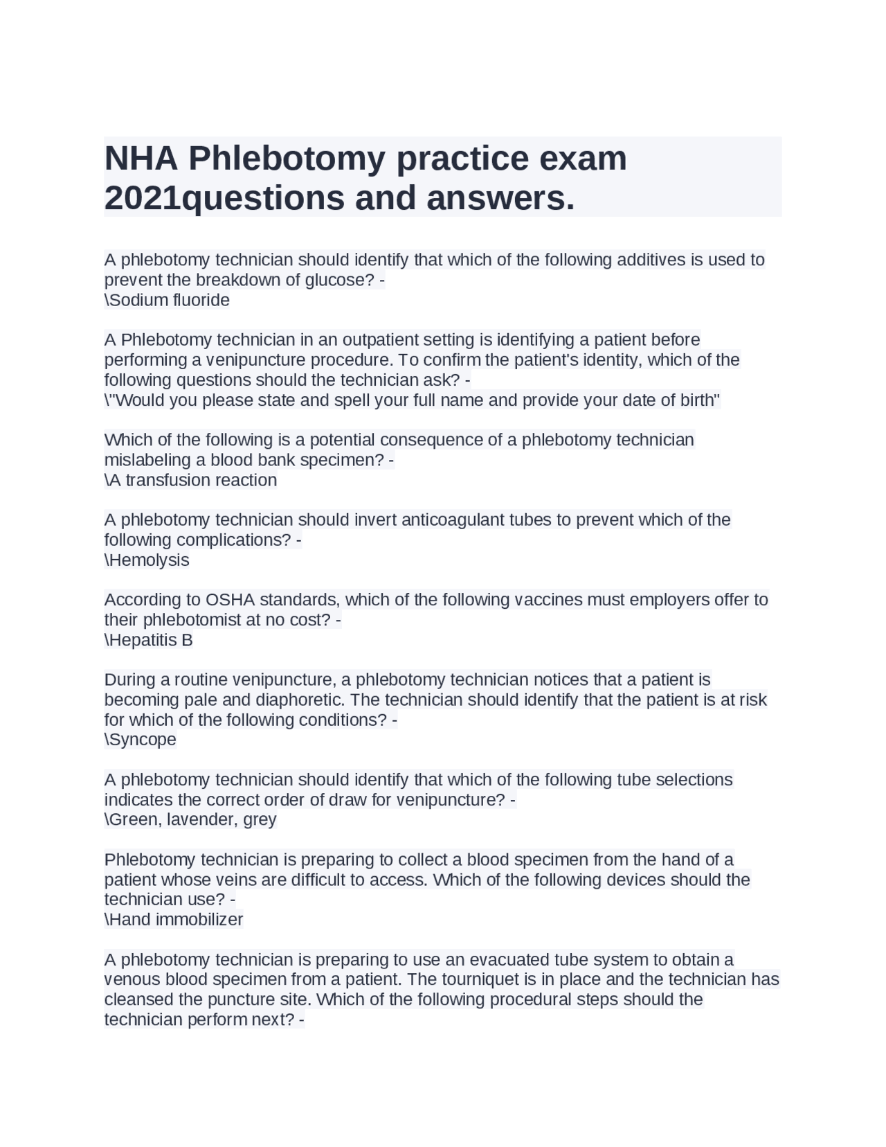 NHA Phlebotomy practice exam 2021questions and answers. | Exams ...