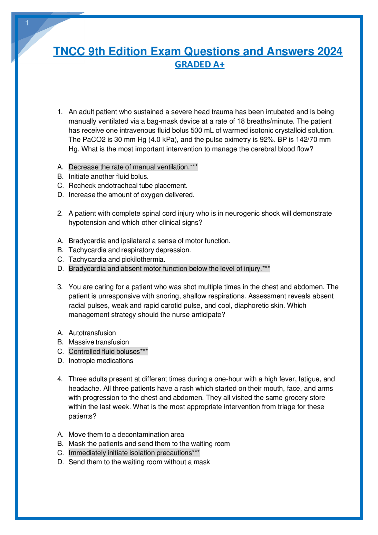 TNCC 9th Edition Exam Questions and Answers 2024 | Exams Nursing | Docsity