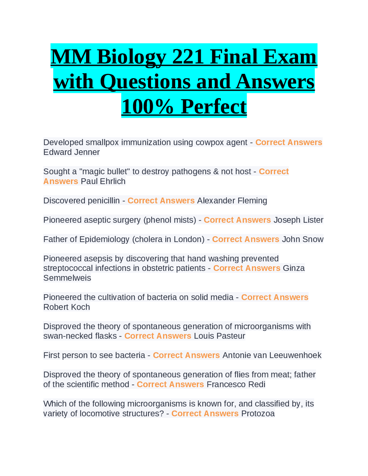 MM Biology 221 Final Exam with Questions and Answers 100% Perfect ...