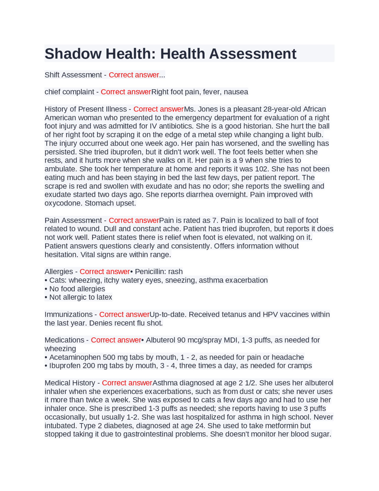 Shadow Health: Health Assessment | Exams Nursing | Docsity