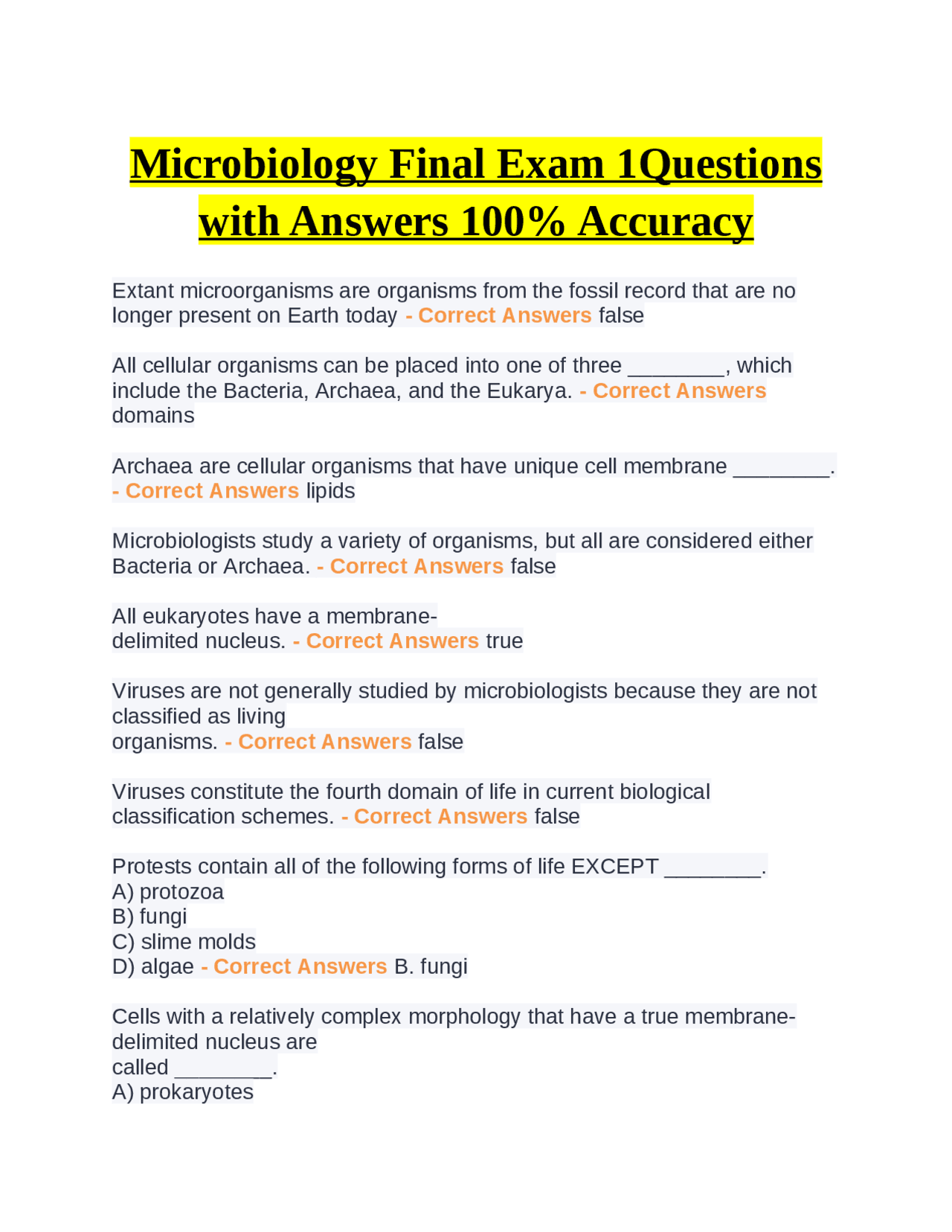Microbiology Final Exam 1Questions with Answers 100% Accuracy | Exams ...