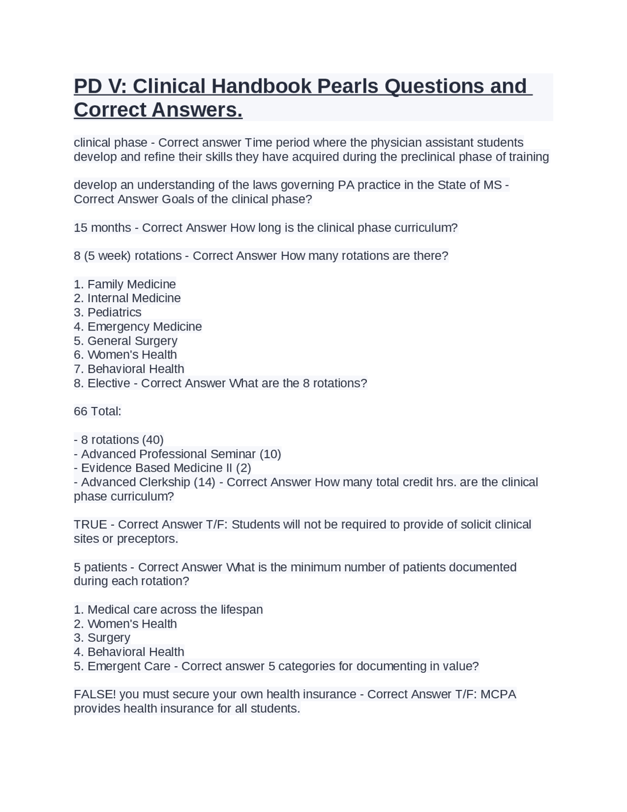 PD V: Clinical Handbook Pearls Questions and Correct Answers. | Exams ...