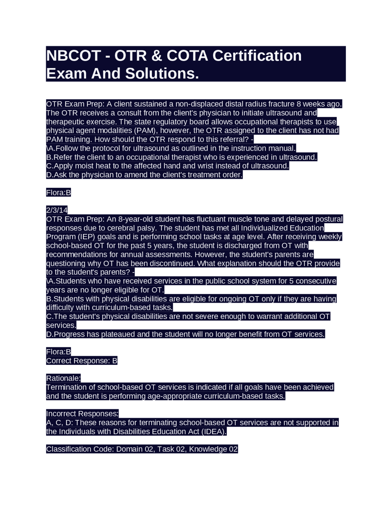 NBCOT - OTR & COTA Certification Exam And Solutions. | Exams ...