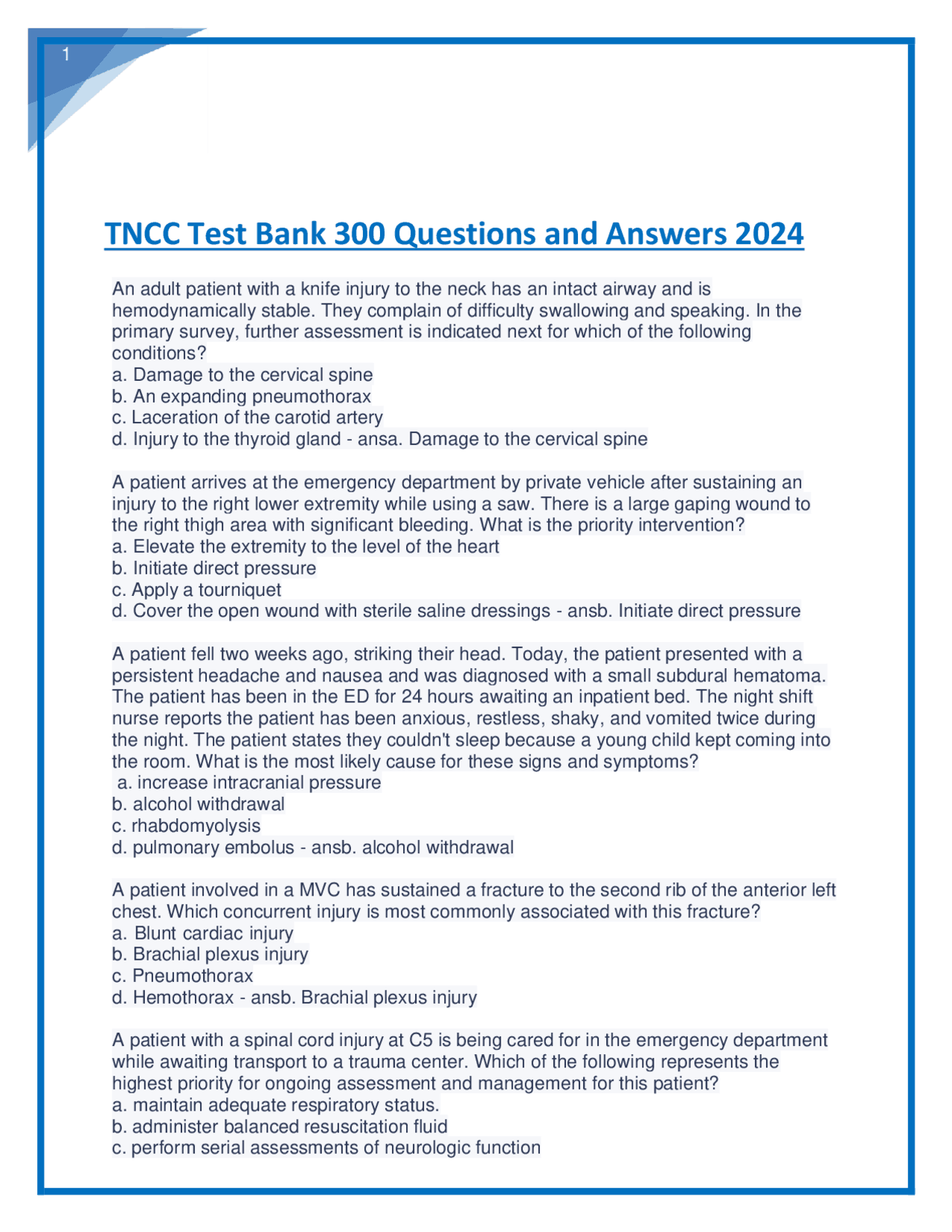 TNCC Test Bank 300 Questions and Answers 2024 | Exams Nursing | Docsity