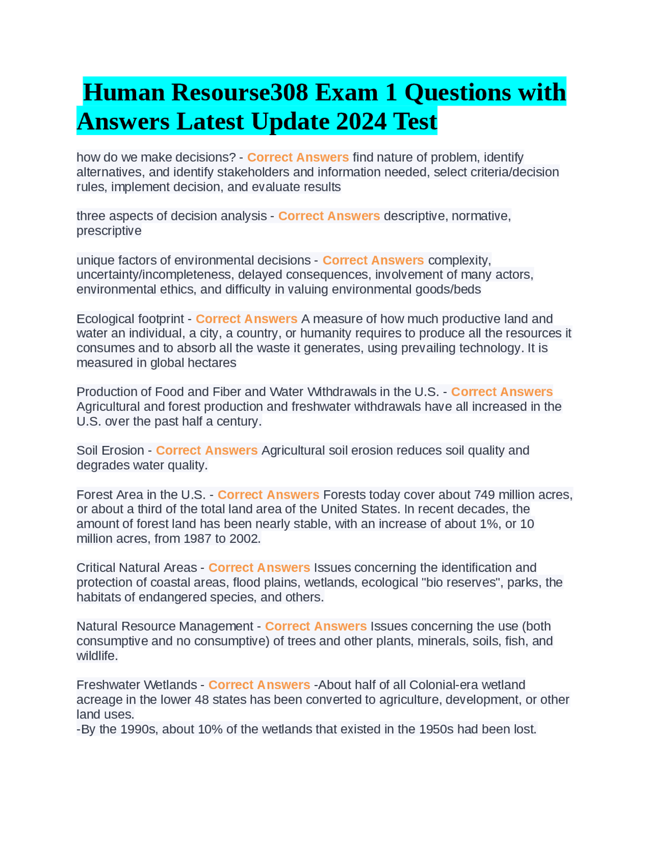 Human Resourse308 Exam 1 Questions with Answers Latest Update 2024 Test ...