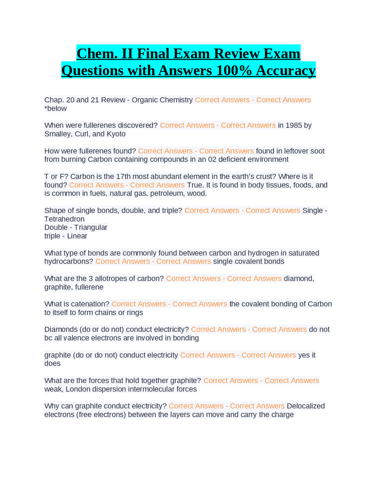 Chem. II Final Exam Review Exam Questions with Answers 100% Accuracy ...