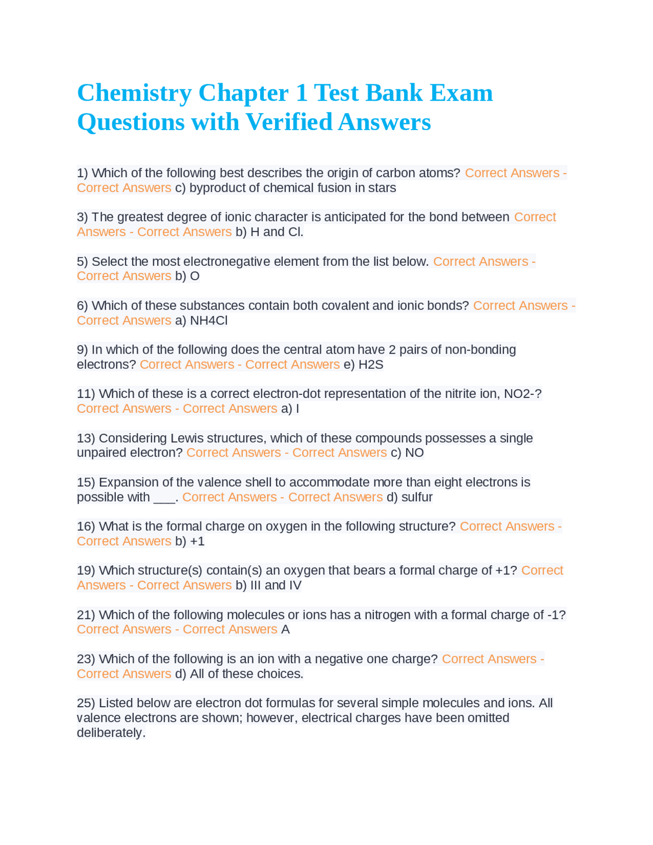 Chemistry Chapter 1 Test Bank Exam Questions with Verified Answers ...