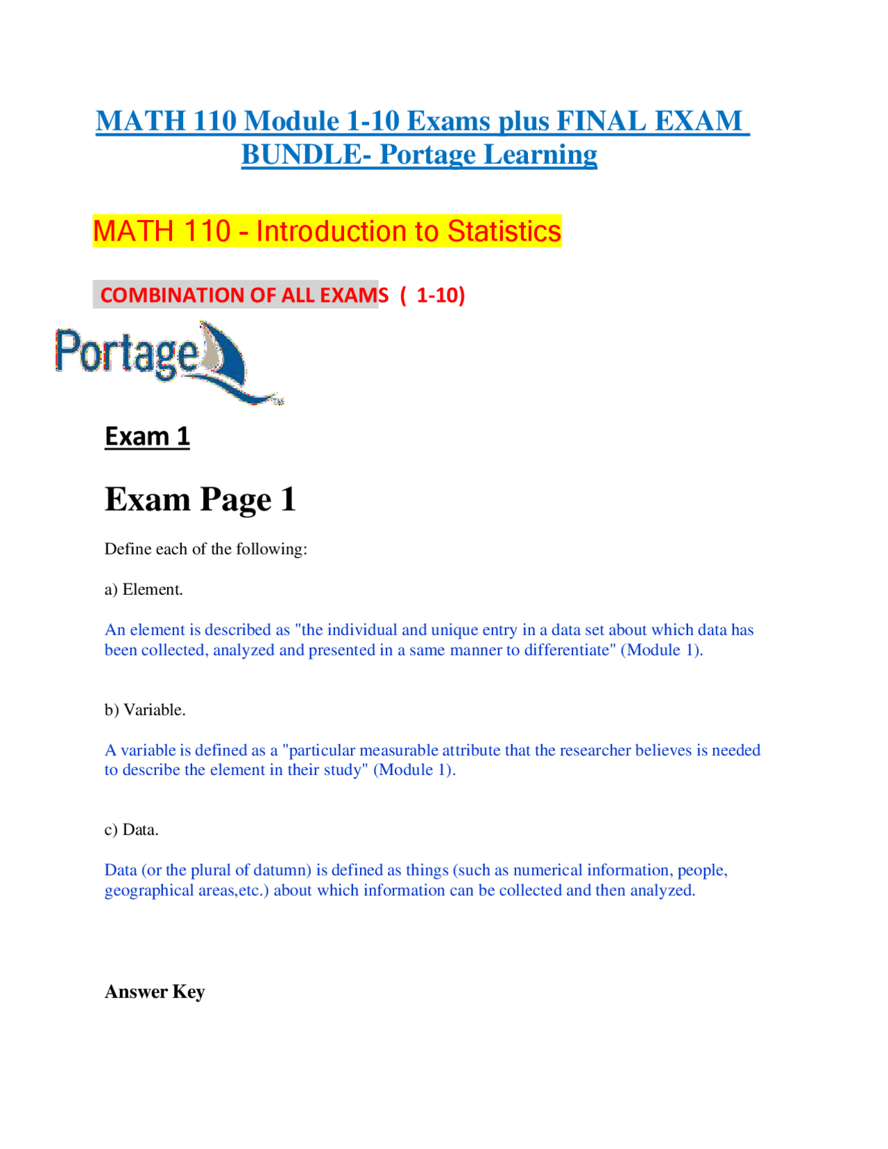 MATH 110 Module 1-10 Exams plus FINAL EXAM BUNDLE- Portage Learning ...