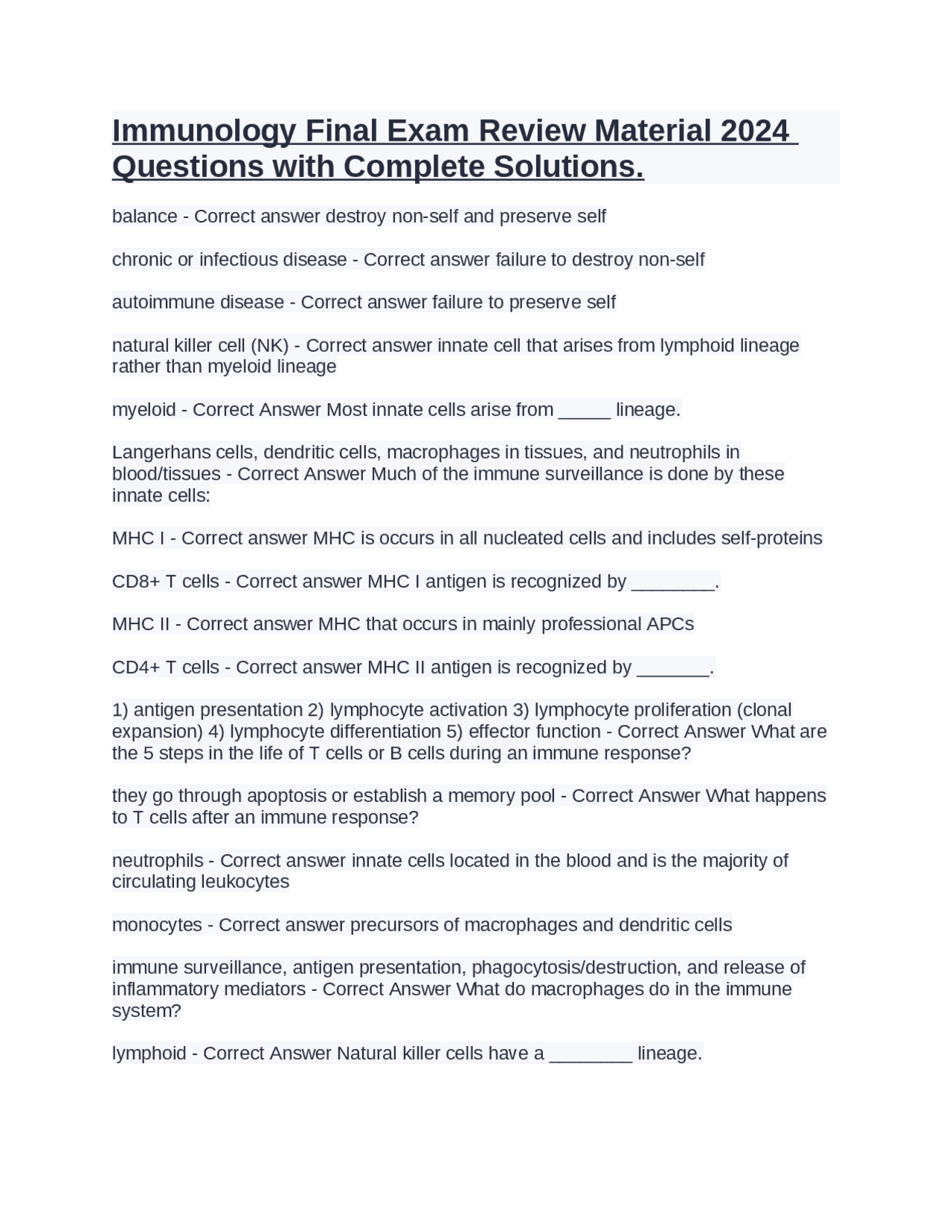 Immunology Final Exam Review Material 2024 Questions with Complete Solutions. | Exams Immunology ...