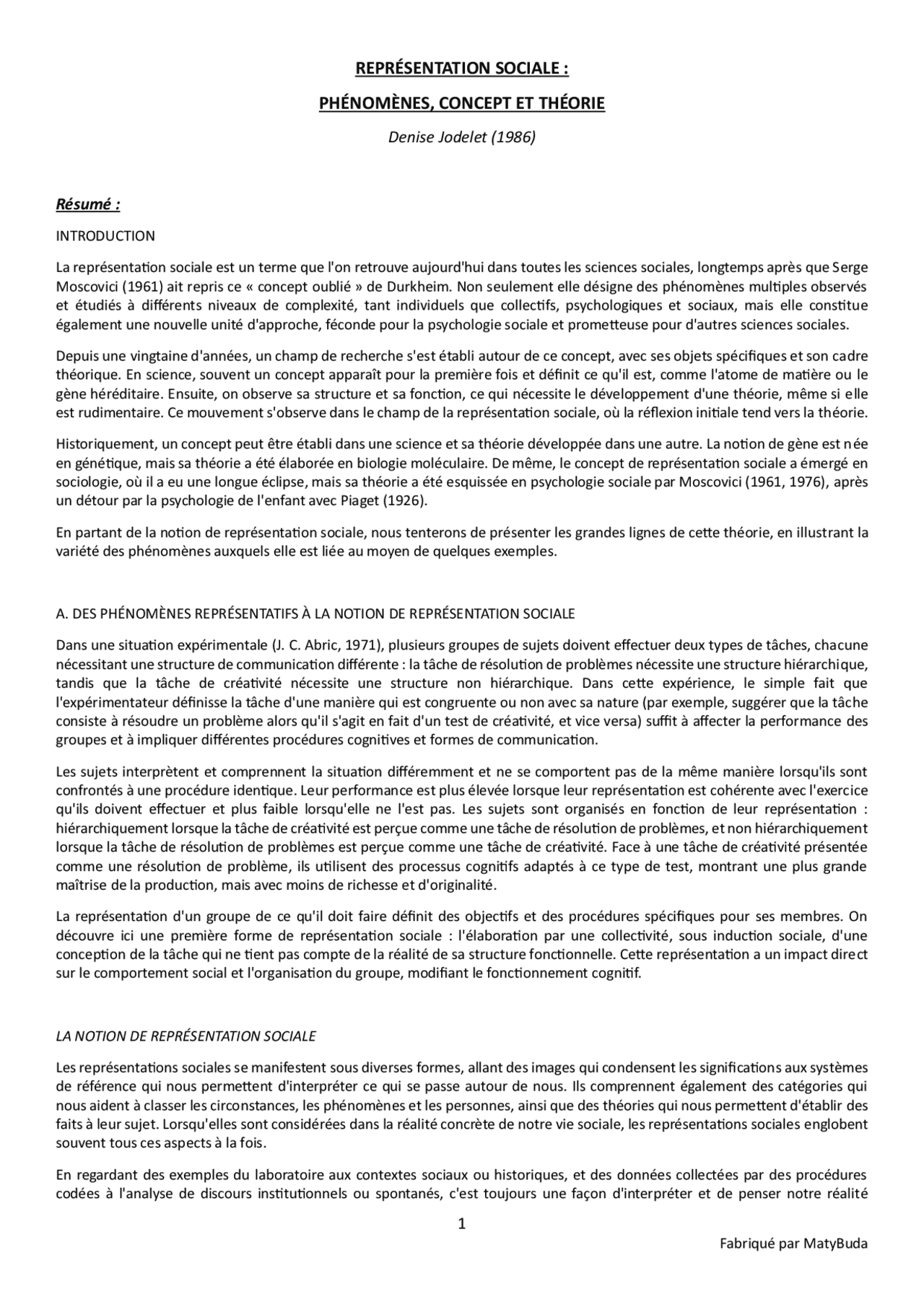 Résumé de 'La représentation sociale. Phénomène, concepts et théorie ...