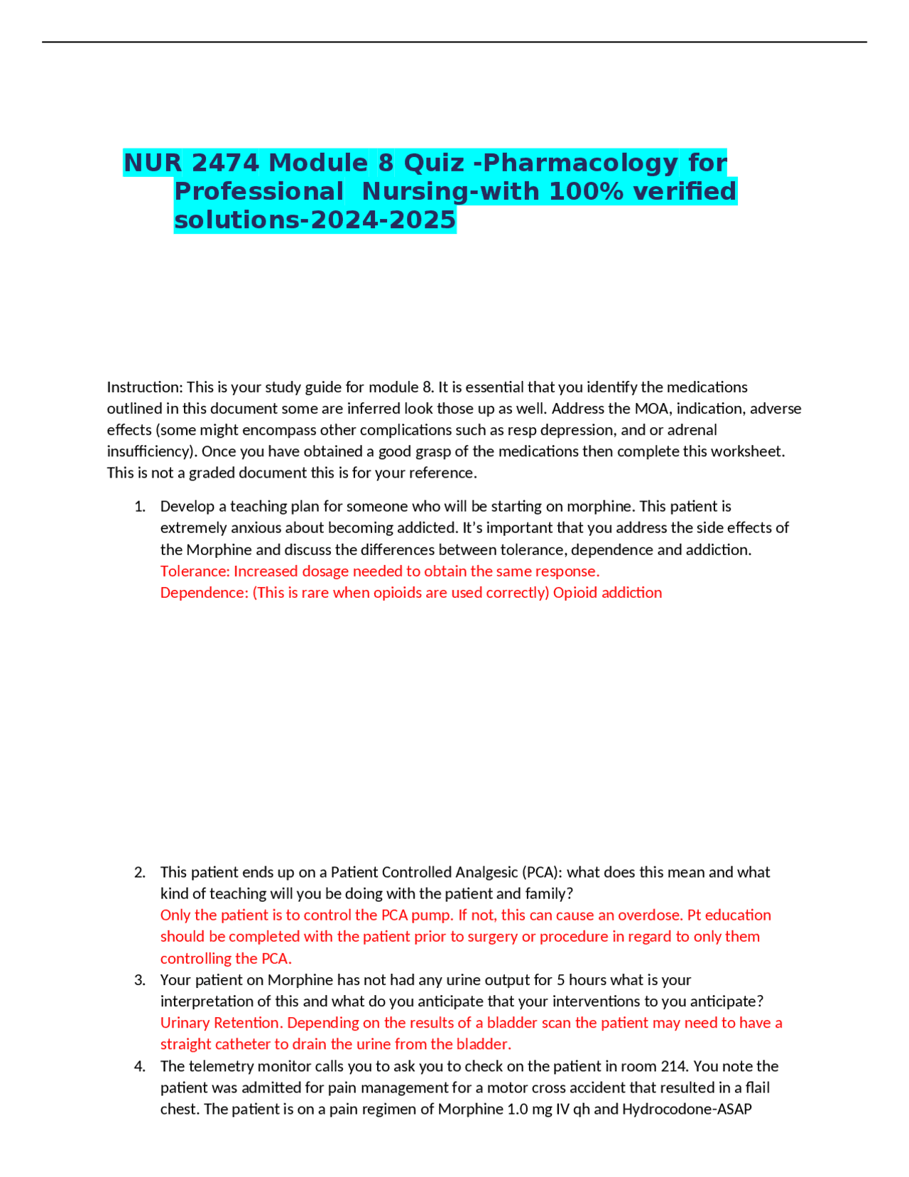 NUR 2474 Module 8 Quiz -Pharmacology for Professional Nursing-with 100% ...