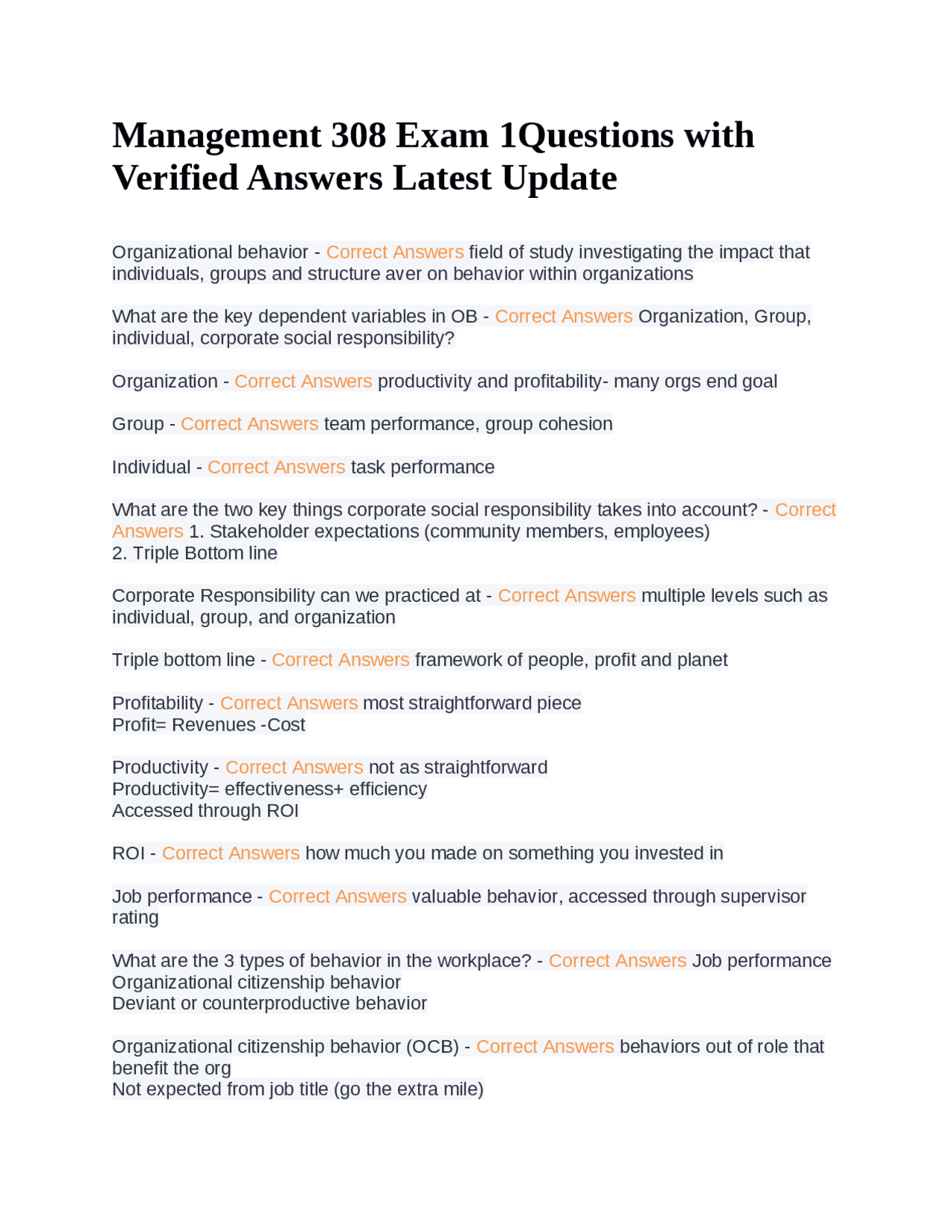 Management 308 Exam 1Questions with Verified Answers Latest Update ...