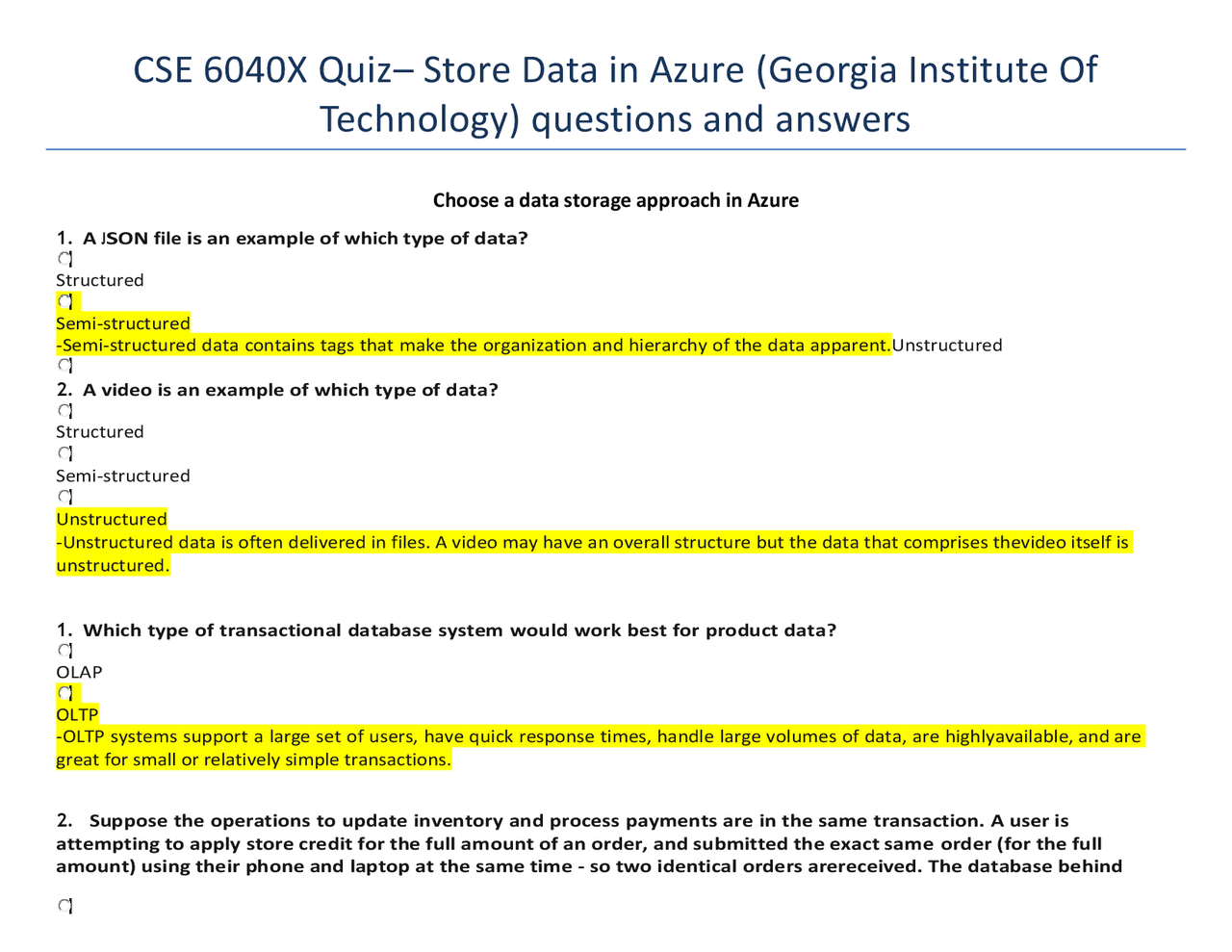 CSE 6040X Quiz– Store Data in Azure (Georgia Institute Of Technology) questions and answer ...