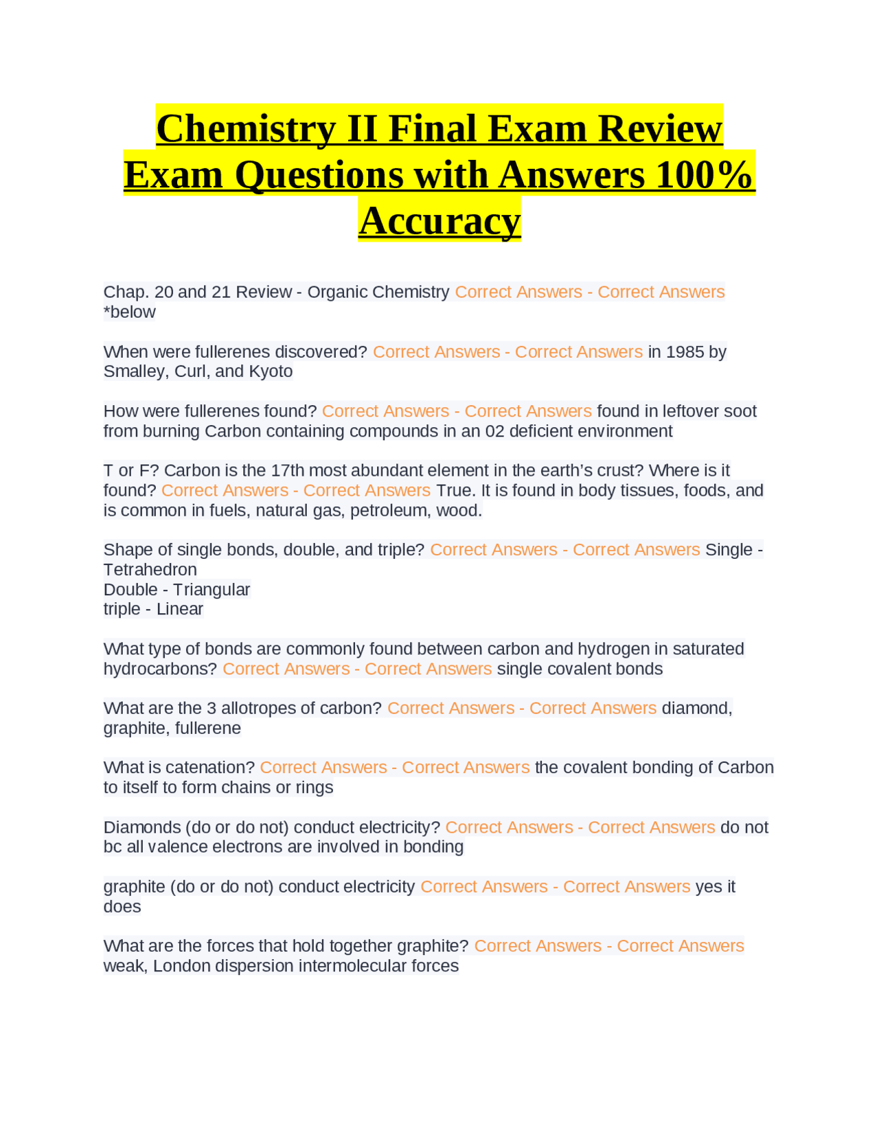 Chemistry II Final Exam Review Exam Questions with Answers 100% ...
