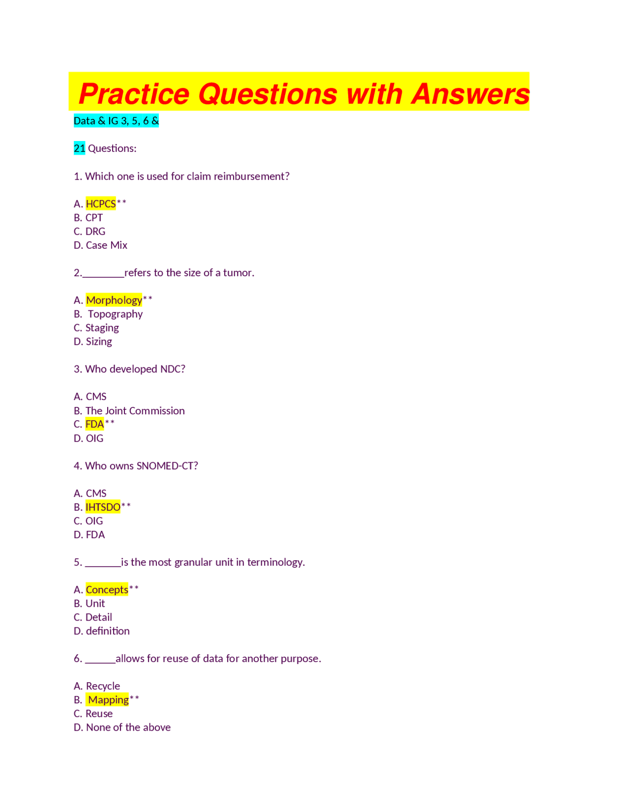 Healthcare Data Management Practice Questions and Answers | Exams Nursing | Docsity