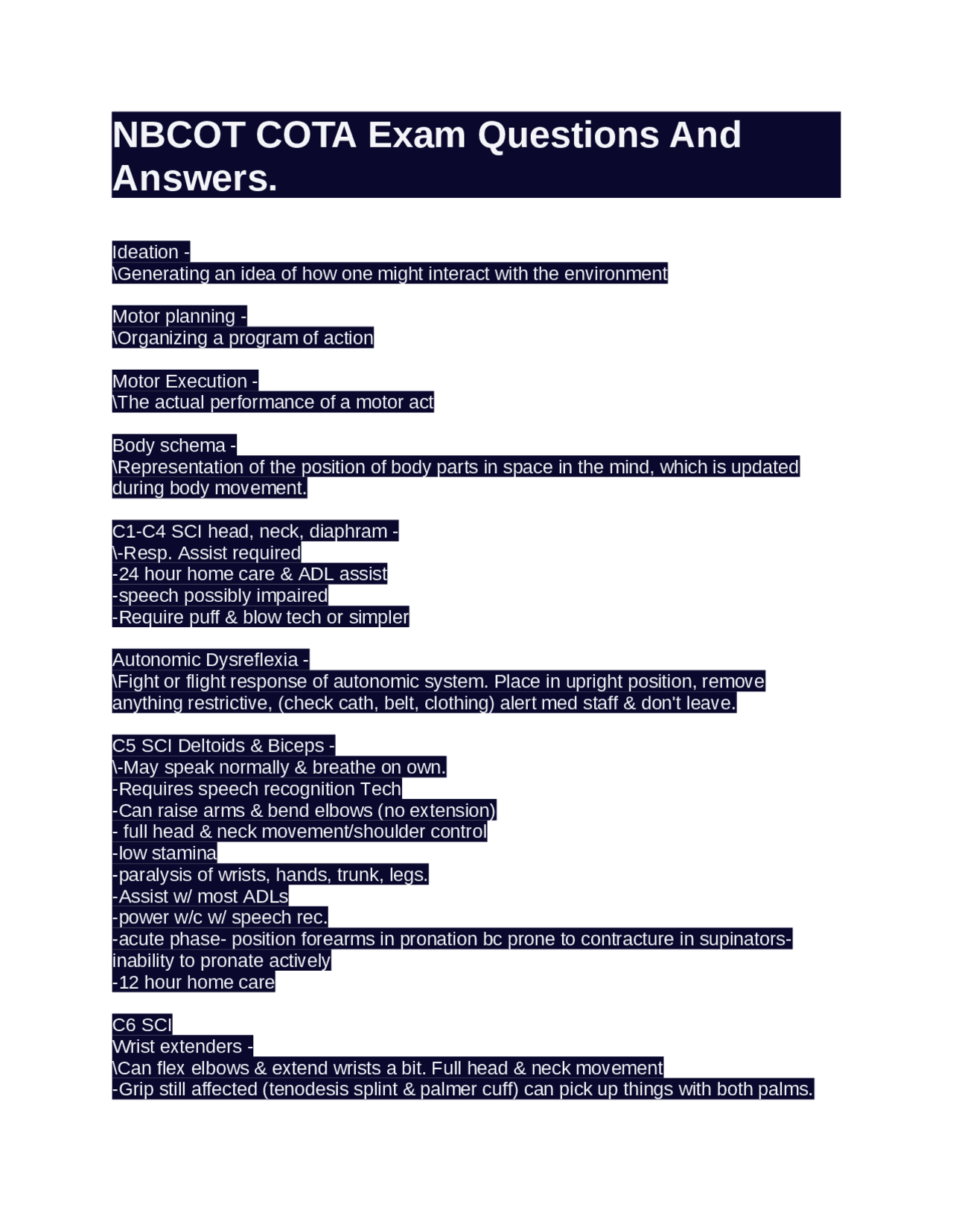 NBCOT COTA Exam Questions And Answers. | Exams Occupational therapy ...