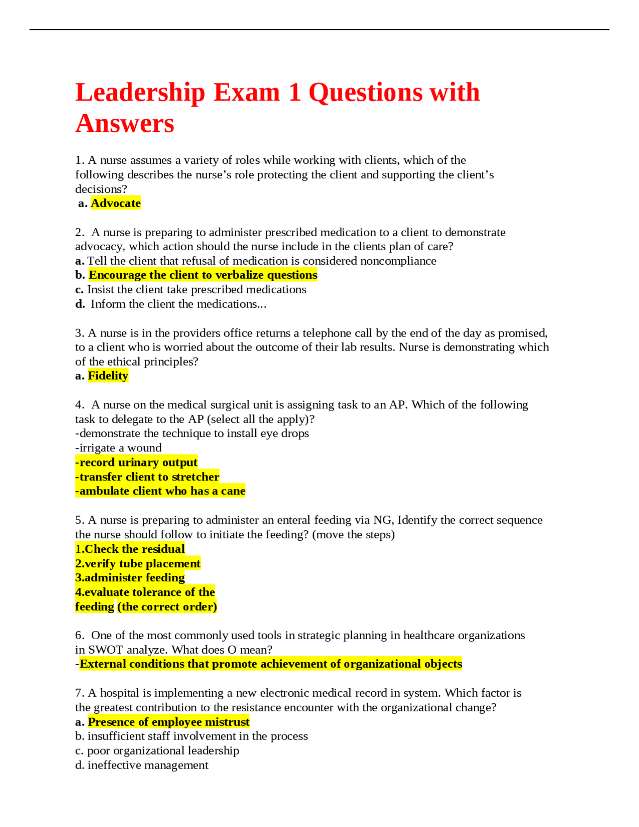 Leadership Exam 1 Questions with Answers | Exams Leadership and Team ...