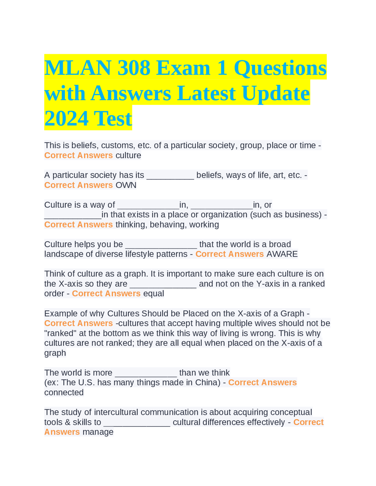 MLAN 308 Exam 1 Questions with Answers Latest Update 2024 Test | Exams ...