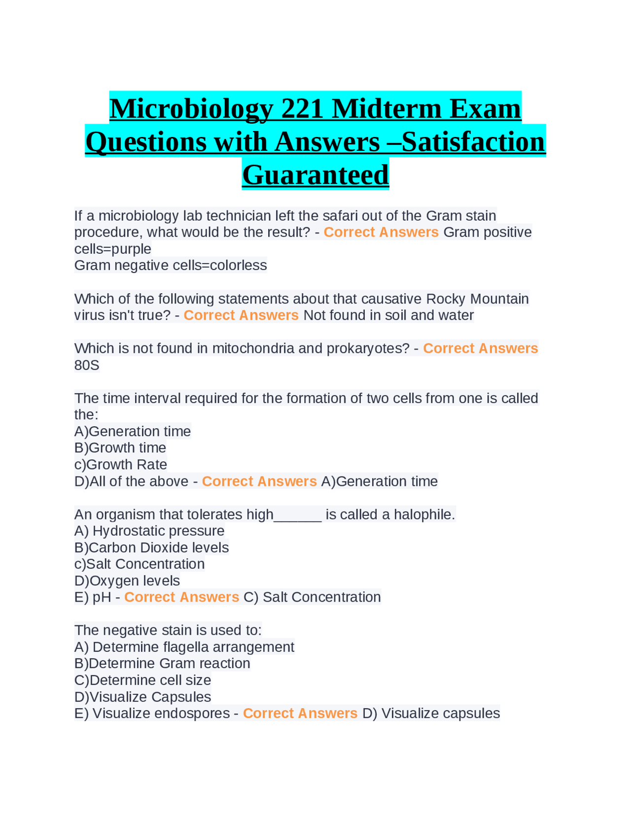 Microbiology Midterm Exam Answers and Questions | Exams Microbiology ...