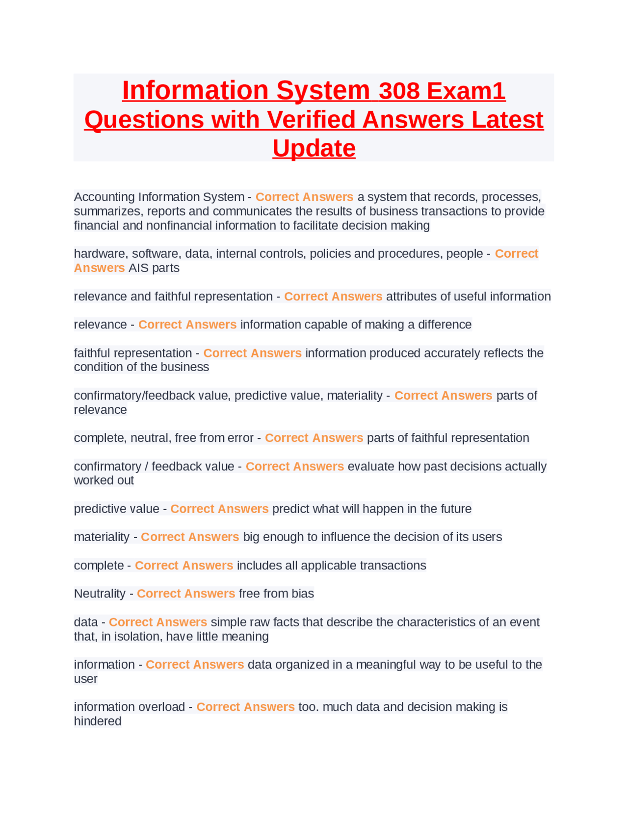 Information System 308 Exam1 Questions with Verified Answers Latest ...