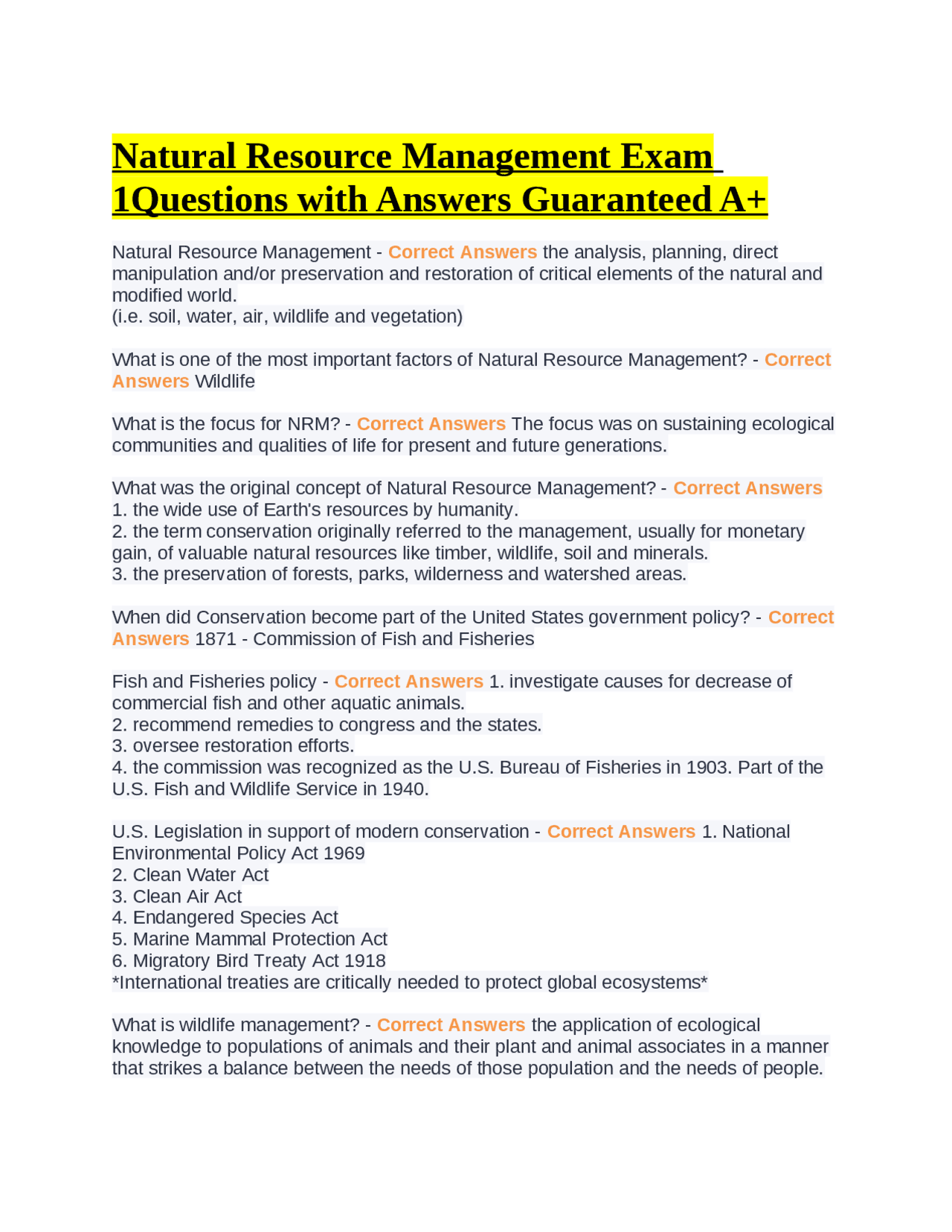 Natural Resource Management Exam 1Questions with Answers Guaranteed A+ ...