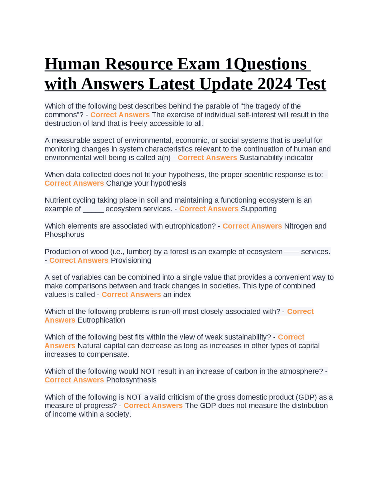 Human Resource Exam 1Questions with Answers Latest Update 2024 Test ...