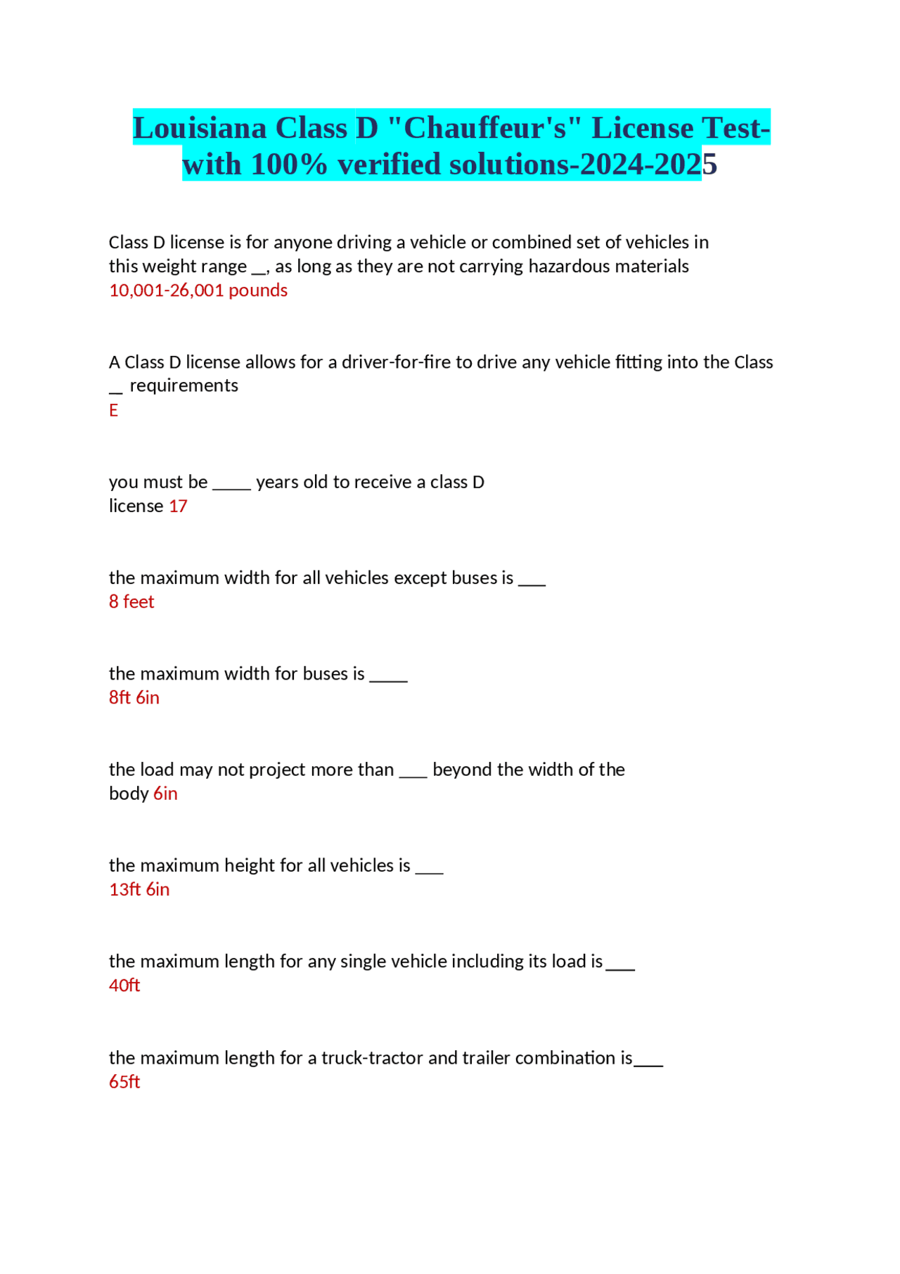 Louisiana Class D "Chauffeur's" License Test- with 100% verified ...