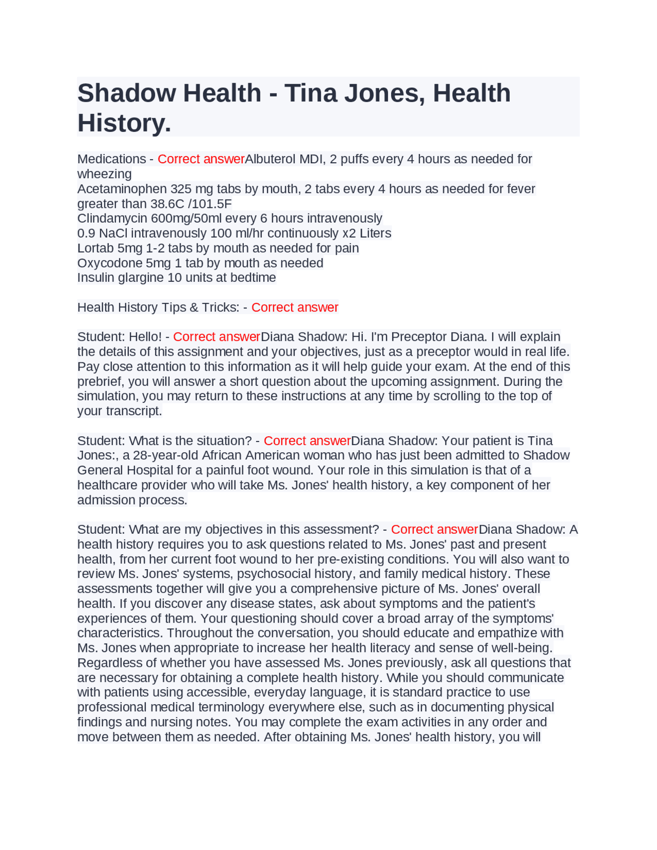 Shadow Health - Tina Jones, Health History | Exams Nursing | Docsity