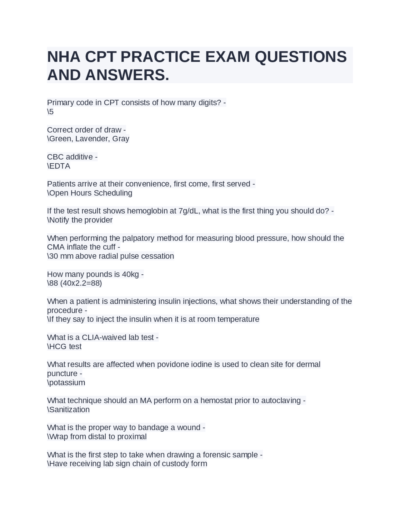 CPT Practice Exam Questions and Answers | Exams Medicine | Docsity