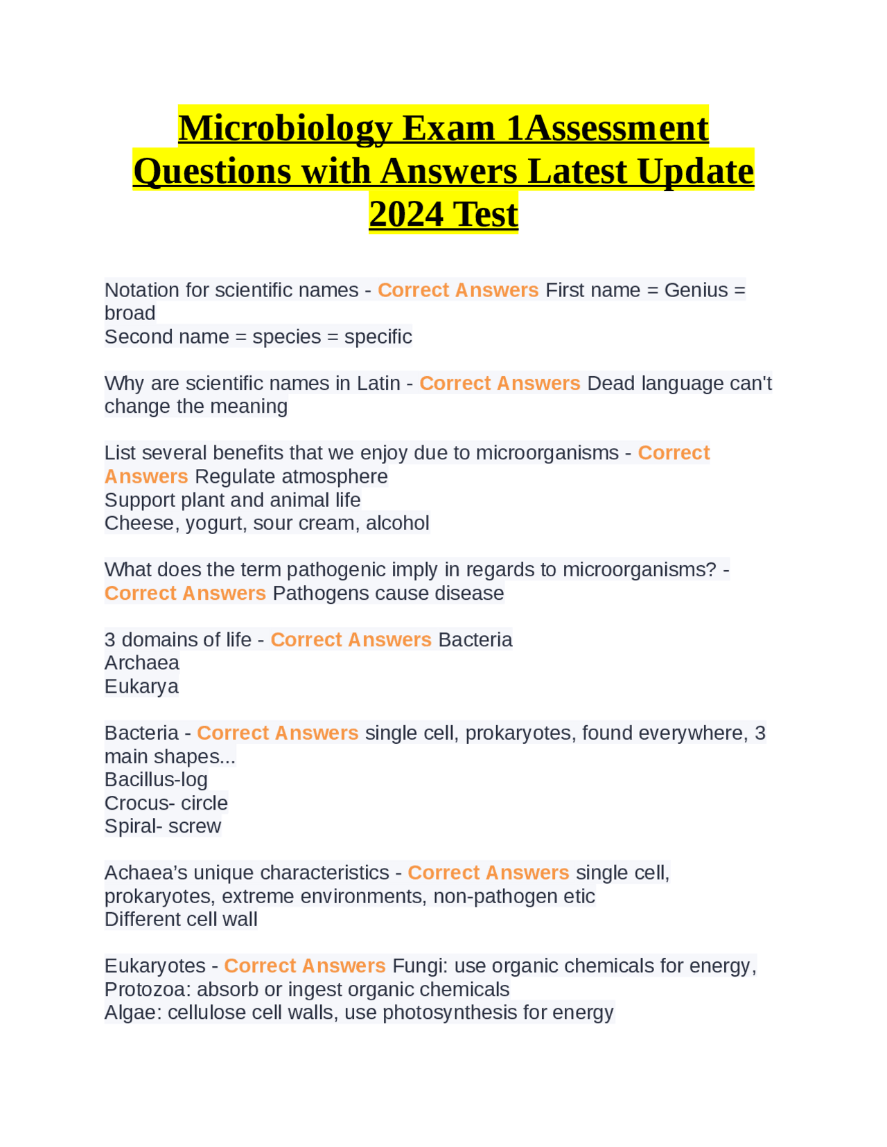 Microbiology Exam 1Assessment Questions with Answers Latest Update 2024 ...