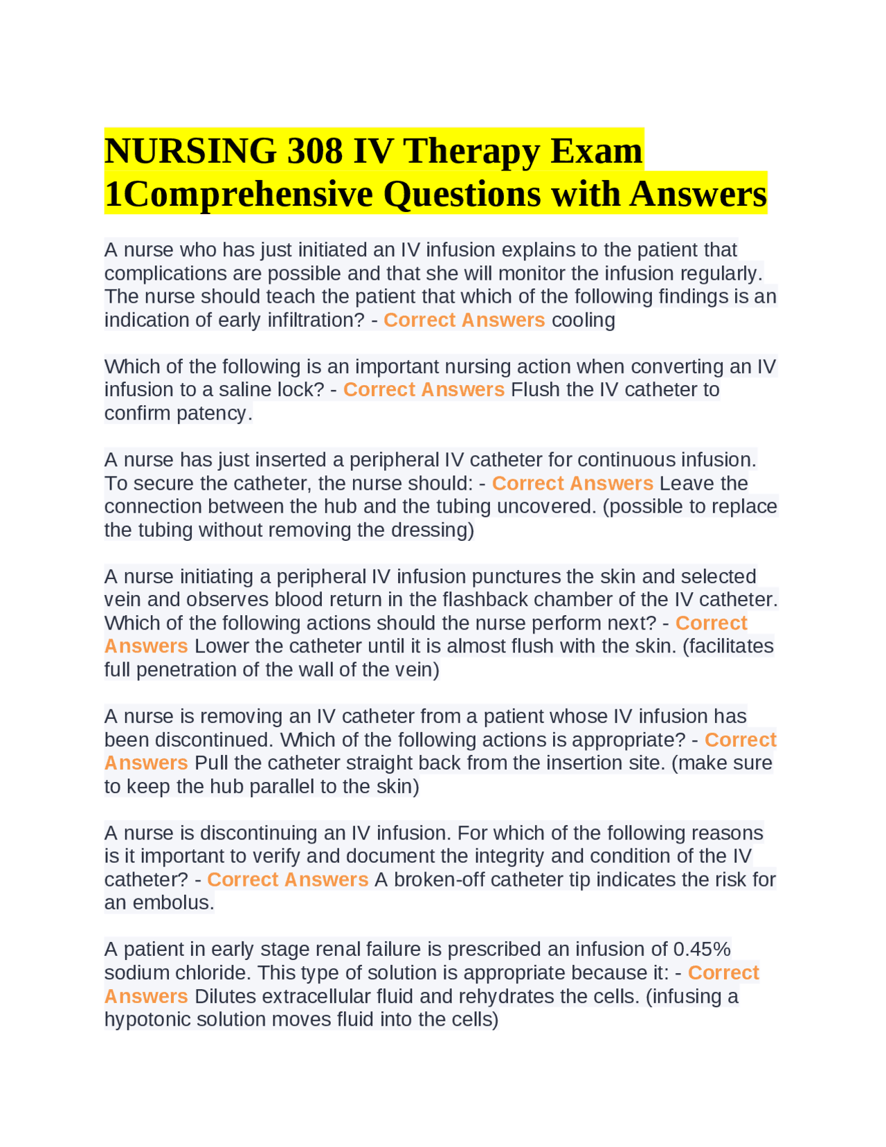 IV Therapy: Comprehensive Questions and Answers | Exams Nursing | Docsity