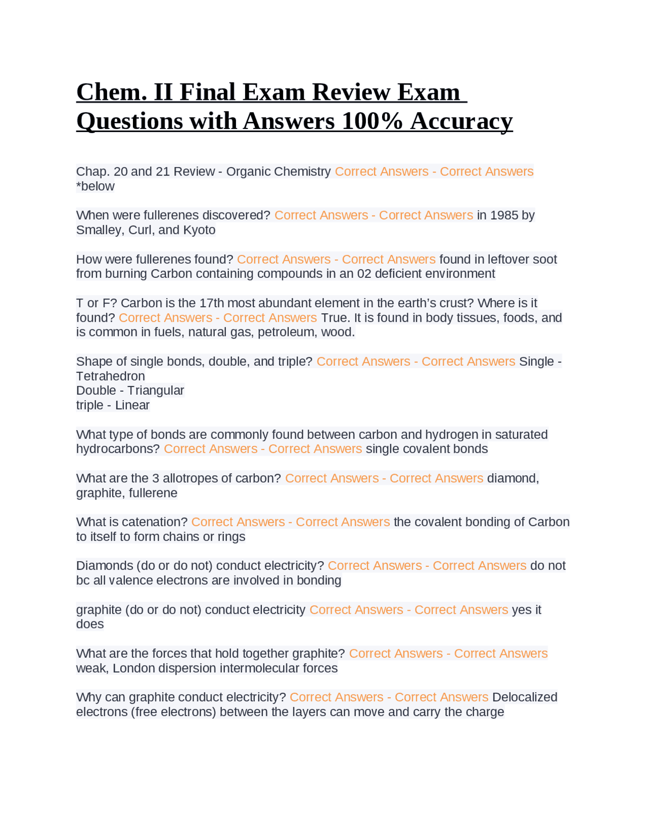 Chem. II Final Exam Review Exam Questions with Answers 100% Accuracy ...