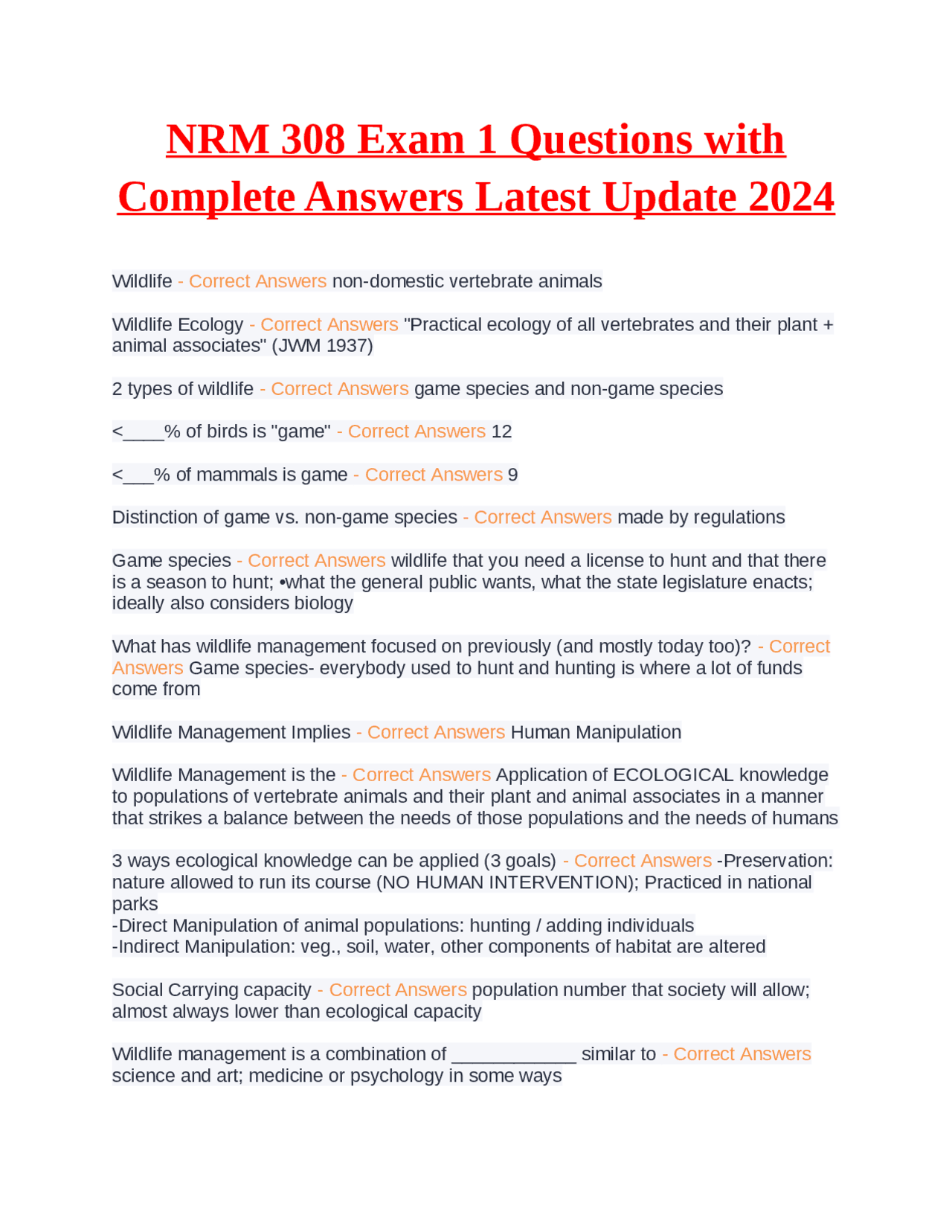 NRM 308 Exam 1 Questions with Complete Answers Latest Update 2024 ...