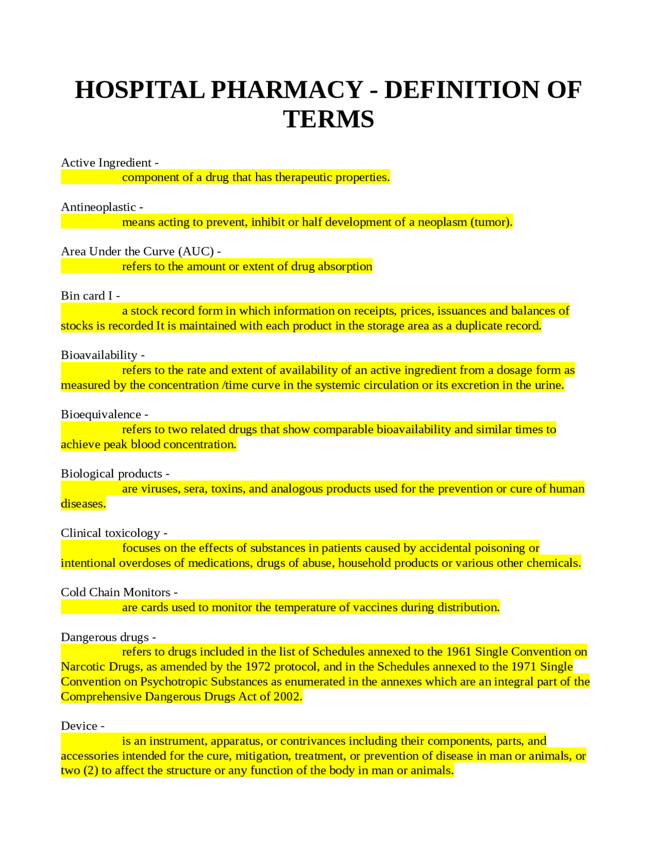 Pharmacy Terminology and Concepts | Exams Pharmacy | Docsity