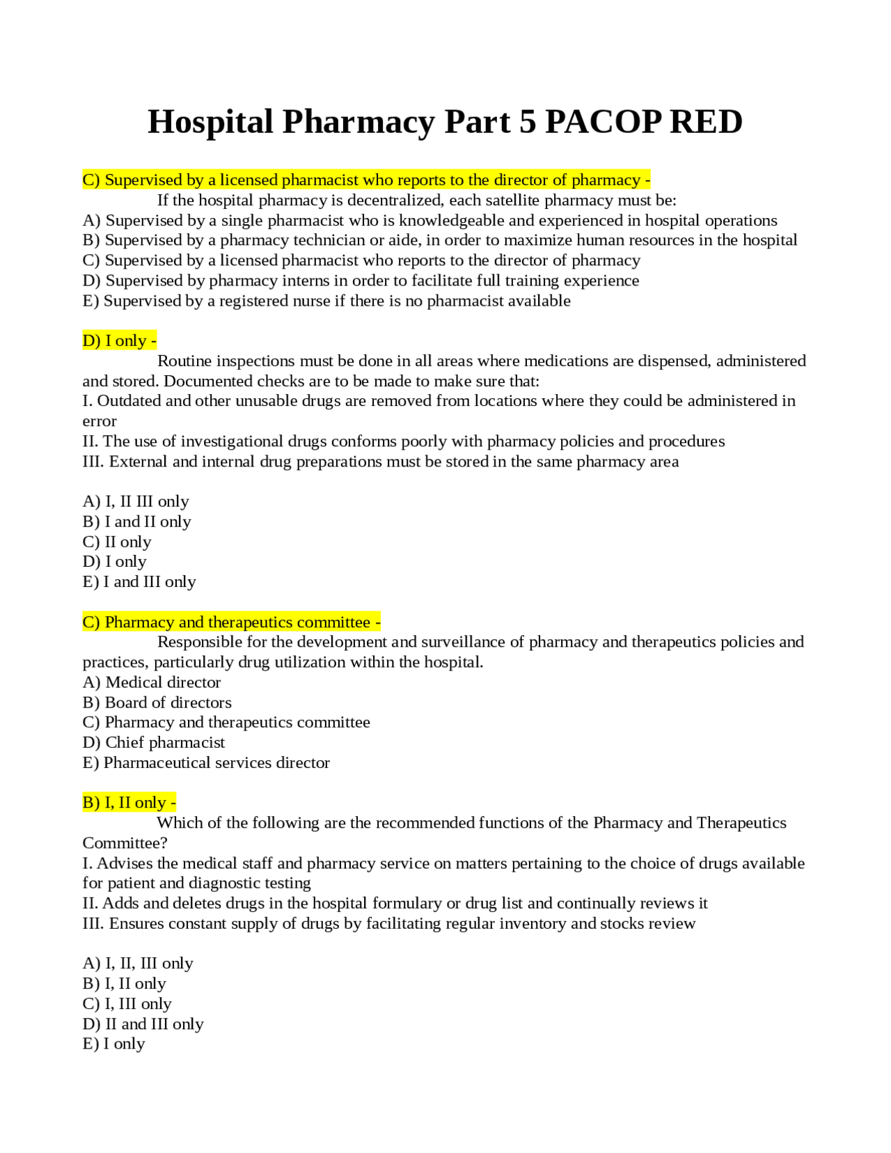 Hospital Pharmacy Operations and Policies | Exams Pharmacy | Docsity