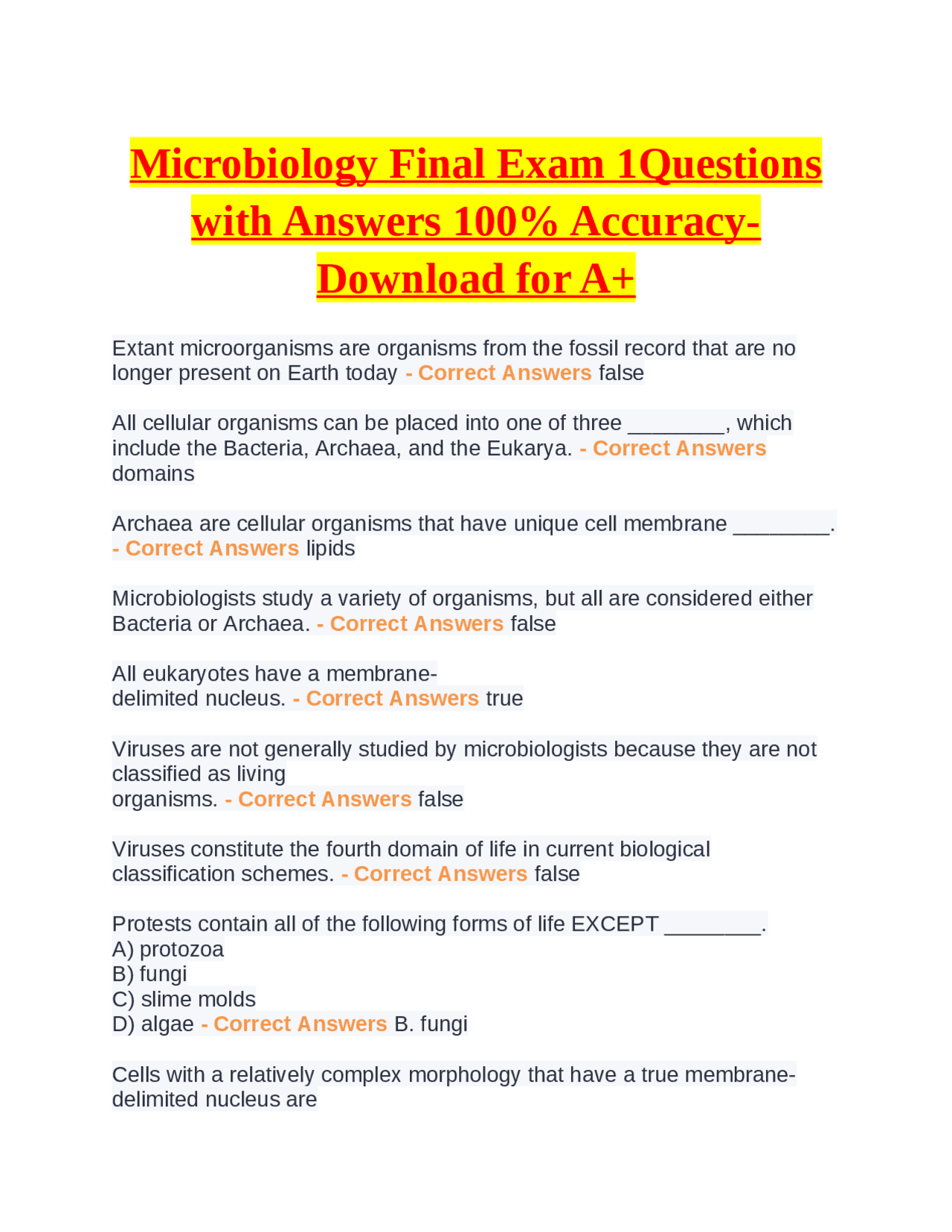 Microbiology Final Exam 1Questions with Answers 100% Accuracy-Download ...