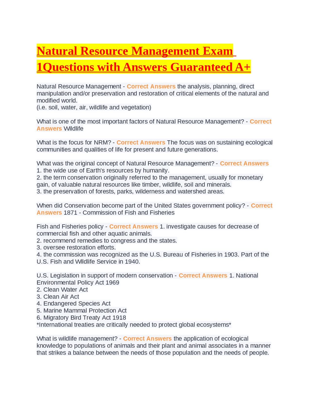 Natural Resource Management Exam 1Questions with Answers Guaranteed A+ ...