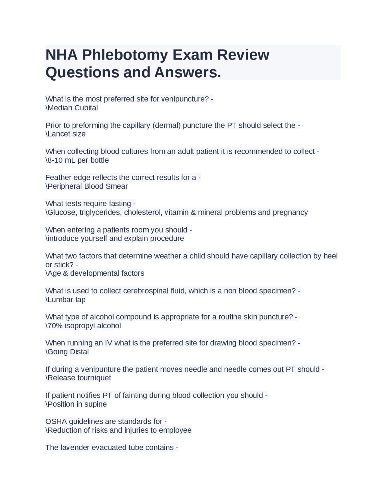 Phlebotomy Exam Review: Questions and Answers | Exams Medicine | Docsity