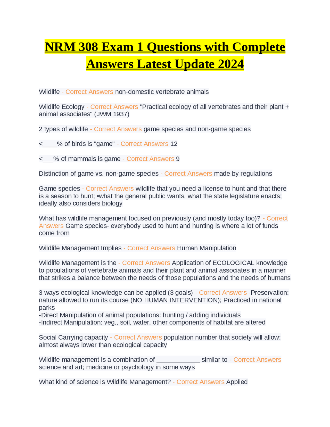 NRM 308 Exam 1 Questions with Complete Answers Latest Update 2024 ...