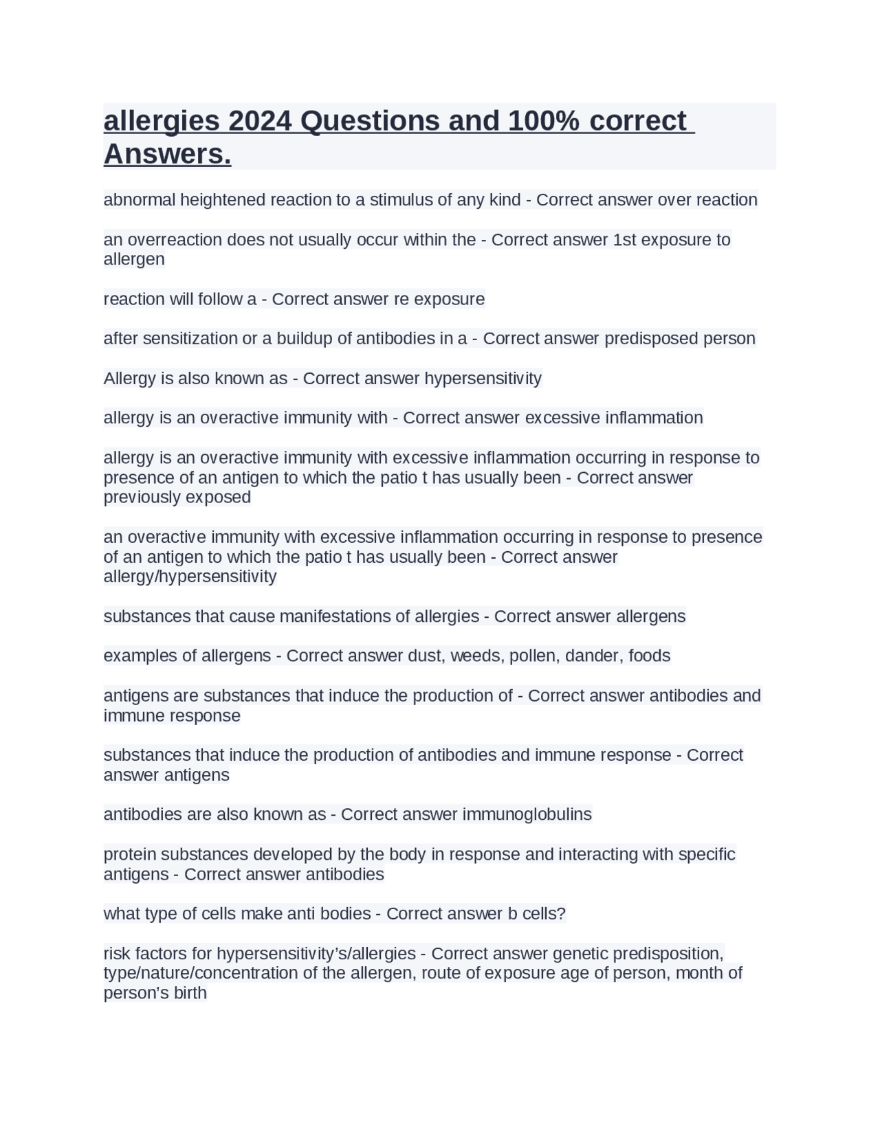 allergies 2024 Questions and 100% correct Answers. | Exams Immunology ...