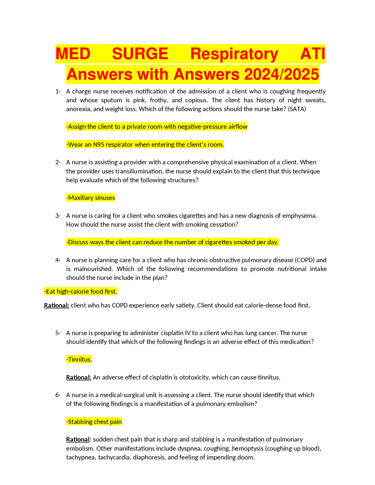 MED SURGE Respiratory ATI Answers with Answers 2024/2025 | Exams ...