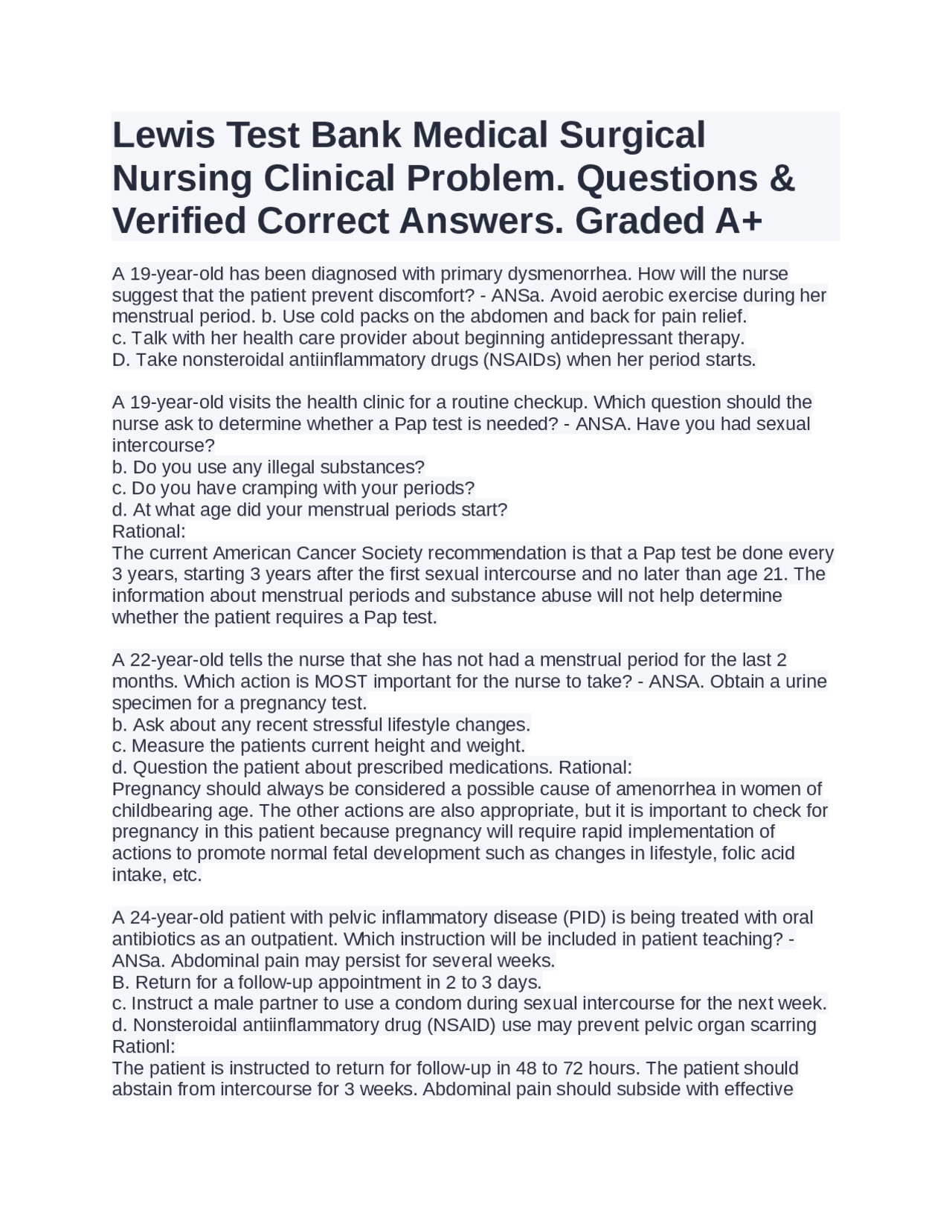 Lewis Test Bank Medical Surgical Nursing Clinical Problem. Questions ...