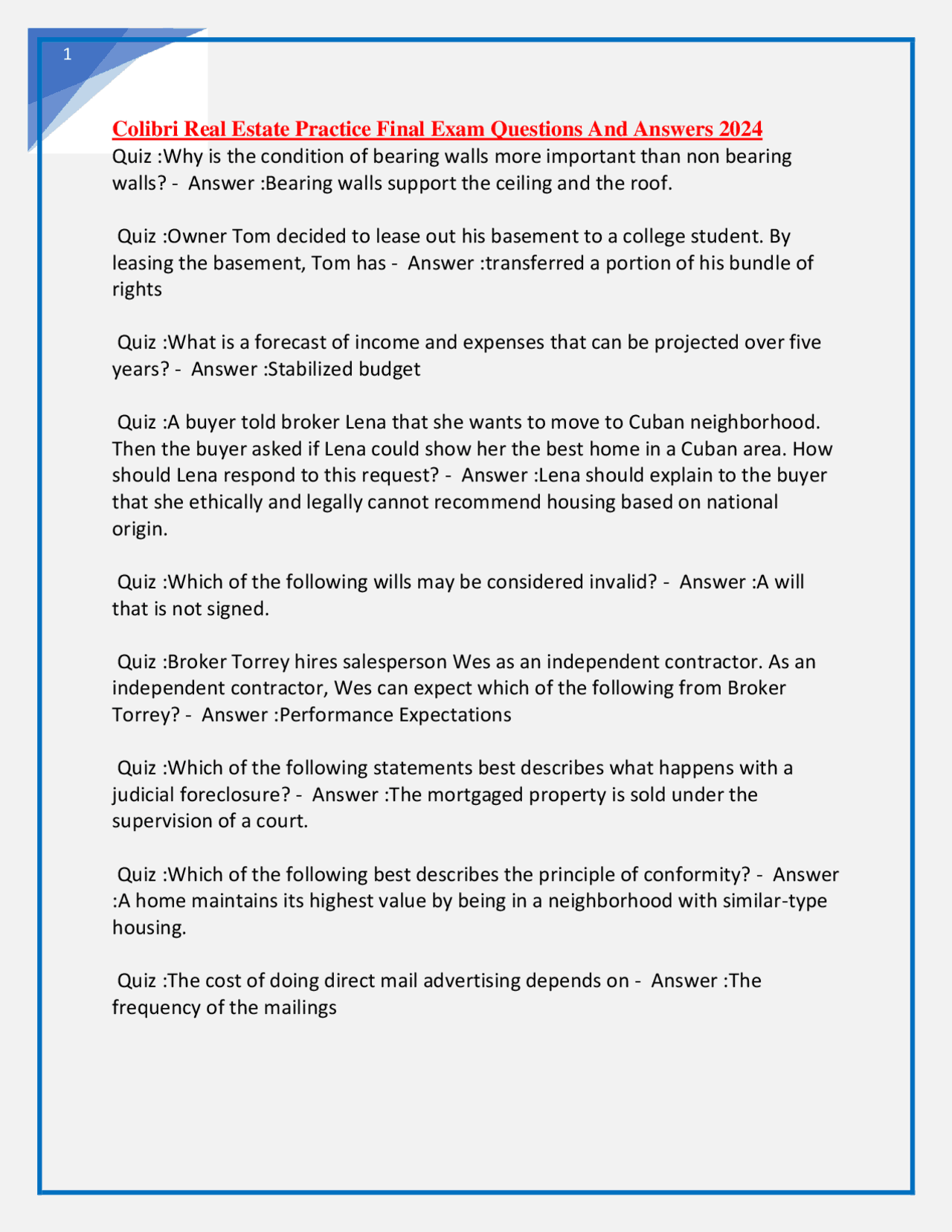 Real Estate Law and Practice Quiz Answers | Exams Nursing | Docsity