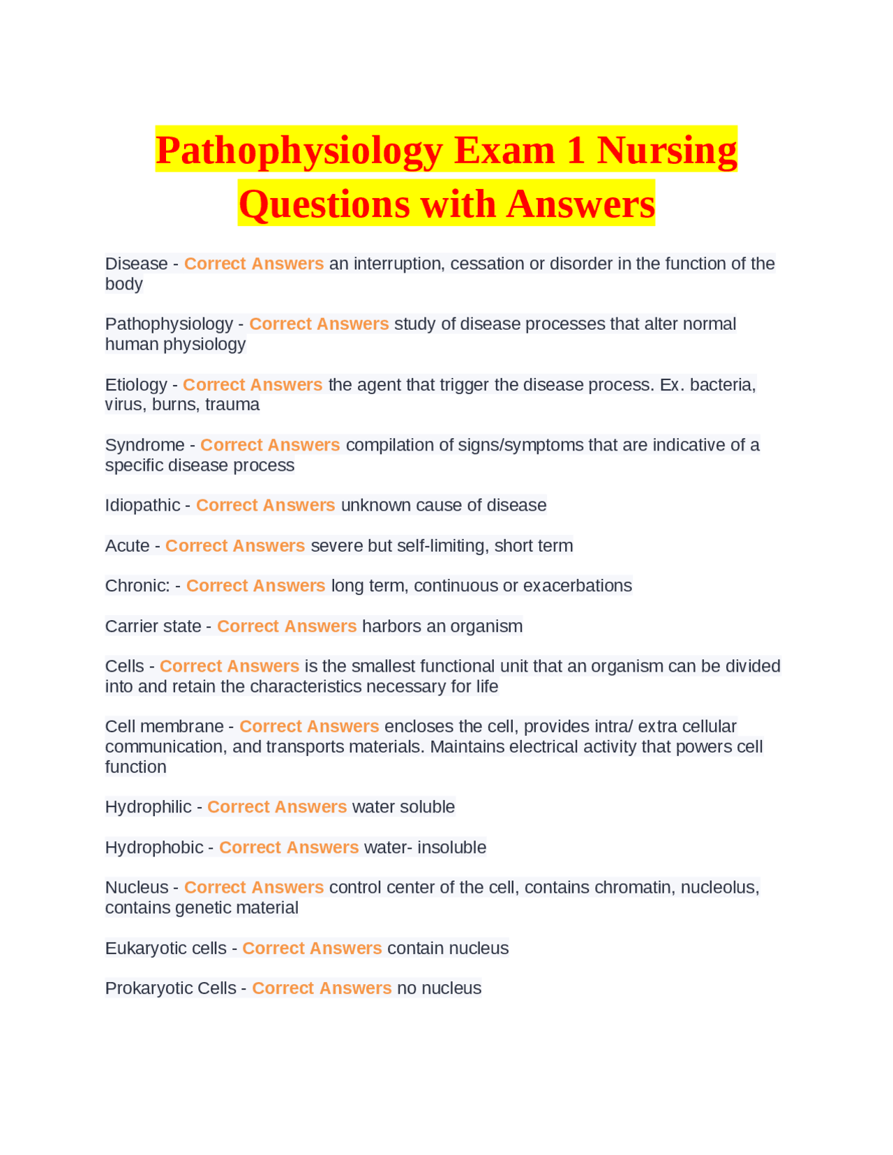 Pathophysiology Exam 1 Nursing Questions with Answers | Exams Nursing | Docsity