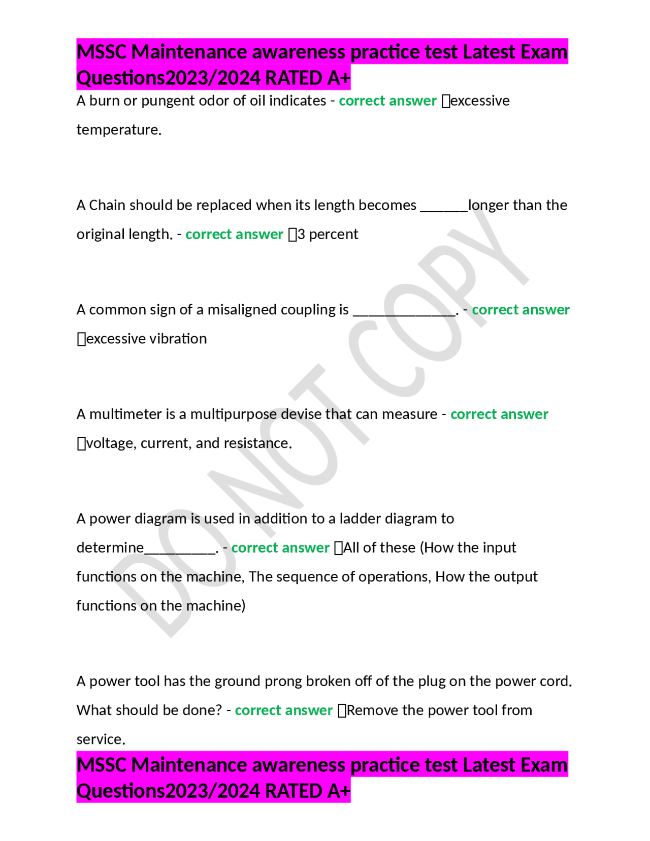 Maintenance Awareness Practice Test Questions 2023/2024 | Exams Banking ...
