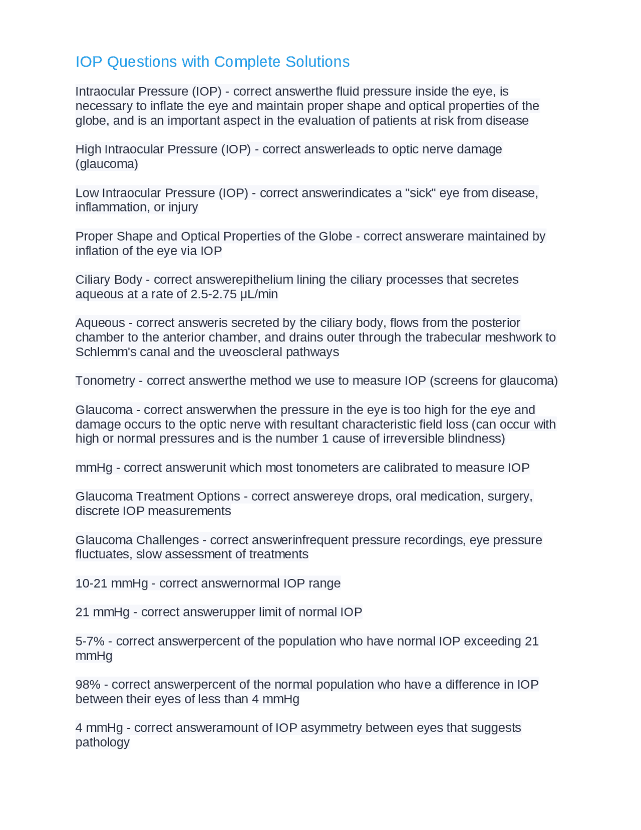 IOP Questions with Complete Solutions | Exams Nursing | Docsity