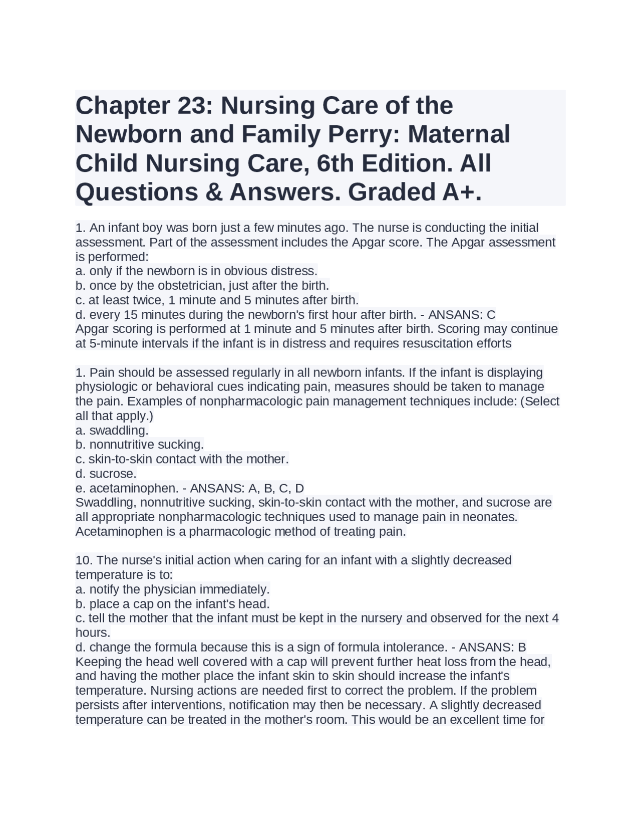 Chapter 23: Nursing Care of the Newborn & Family Perry: Maternal Child ...