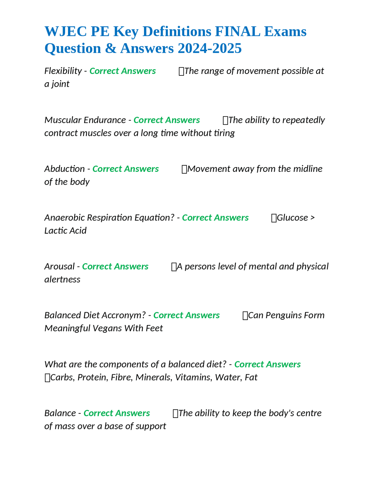 WJEC PE Key Definitions for 2024-2025 Exam | Exams Nursing | Docsity